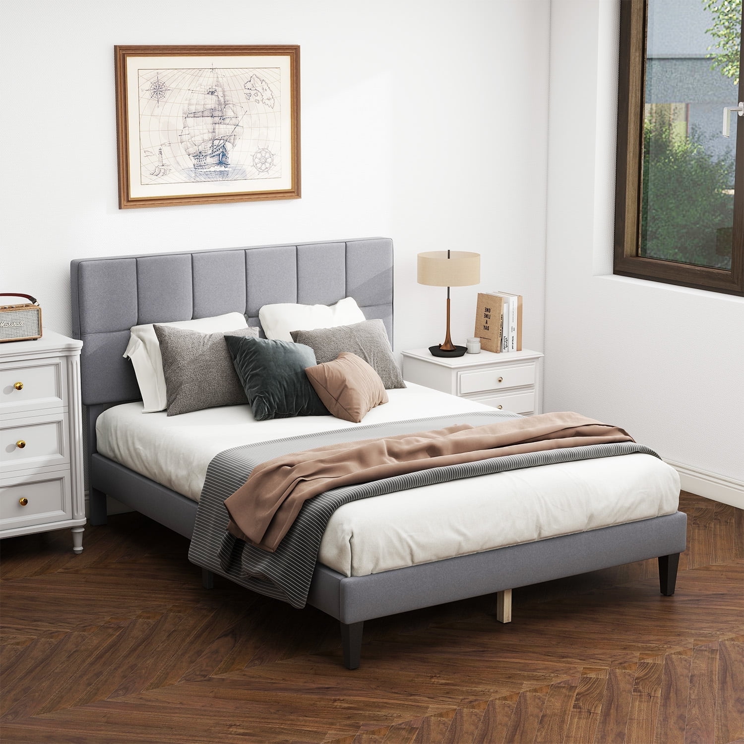 Full Size Bed Frame with Headboard, Upholstered Platform Bedframe ...