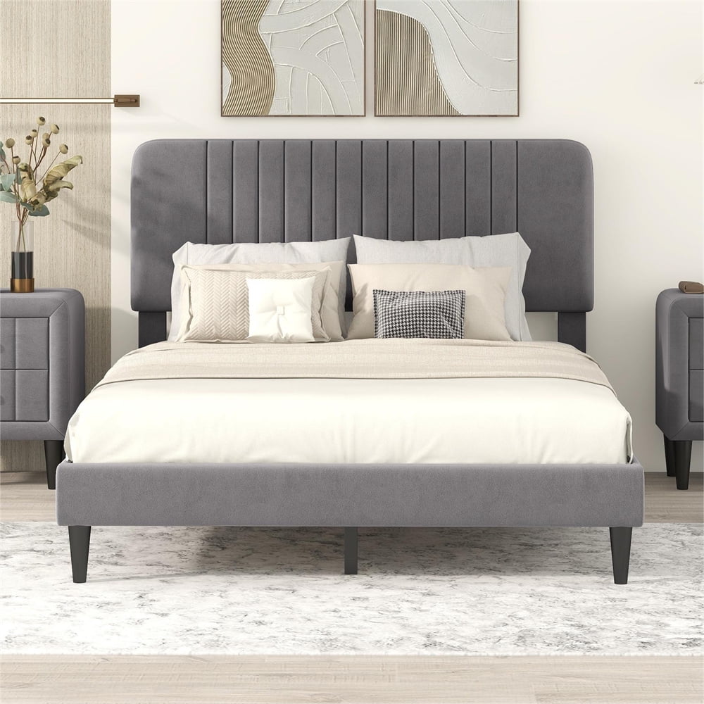Full Size Bed Frame with Headboard, Velvet Upholstered Platform Bed for ...