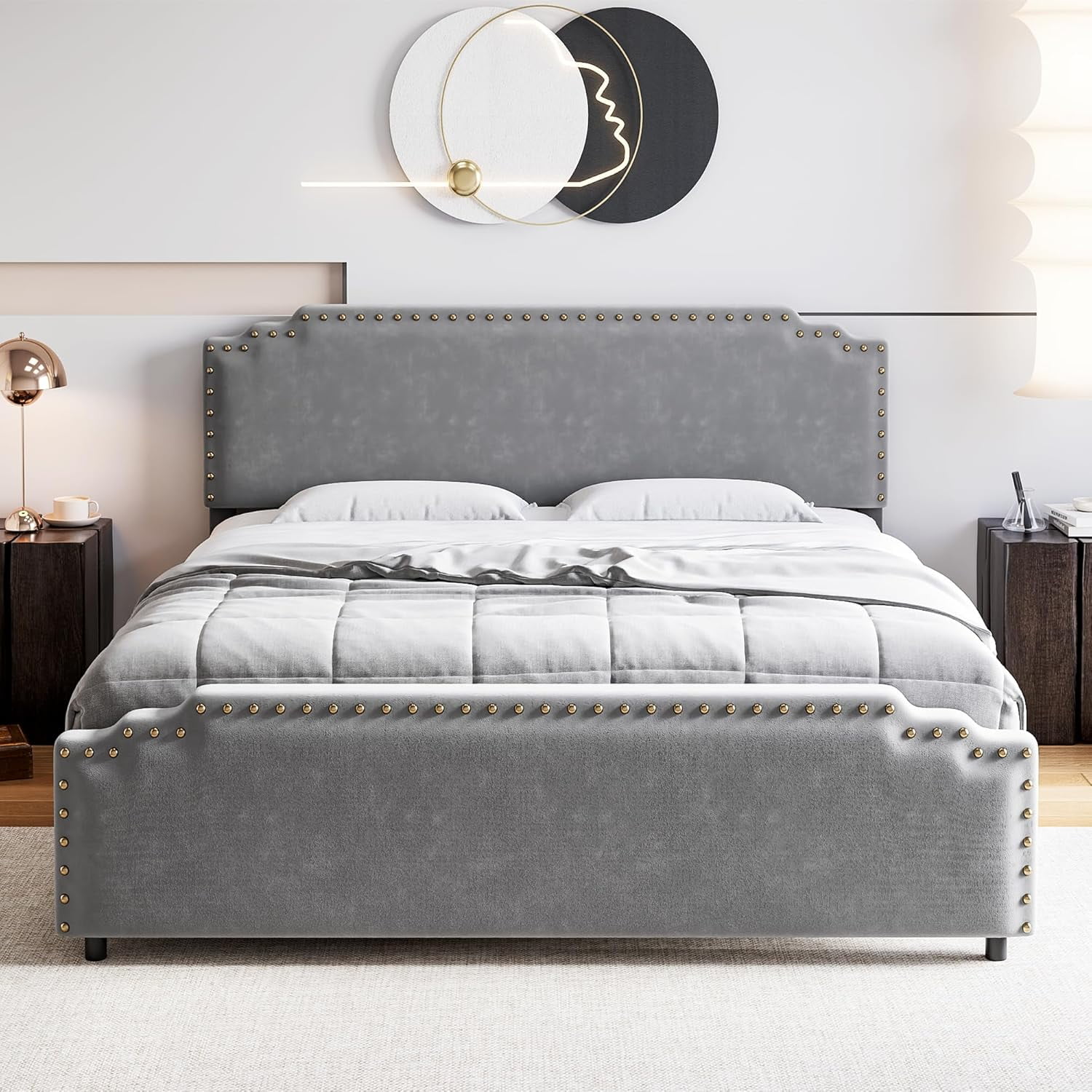 YUSAZENS Full Size Bed Frame with Headboard, Velvet Upholstered ...