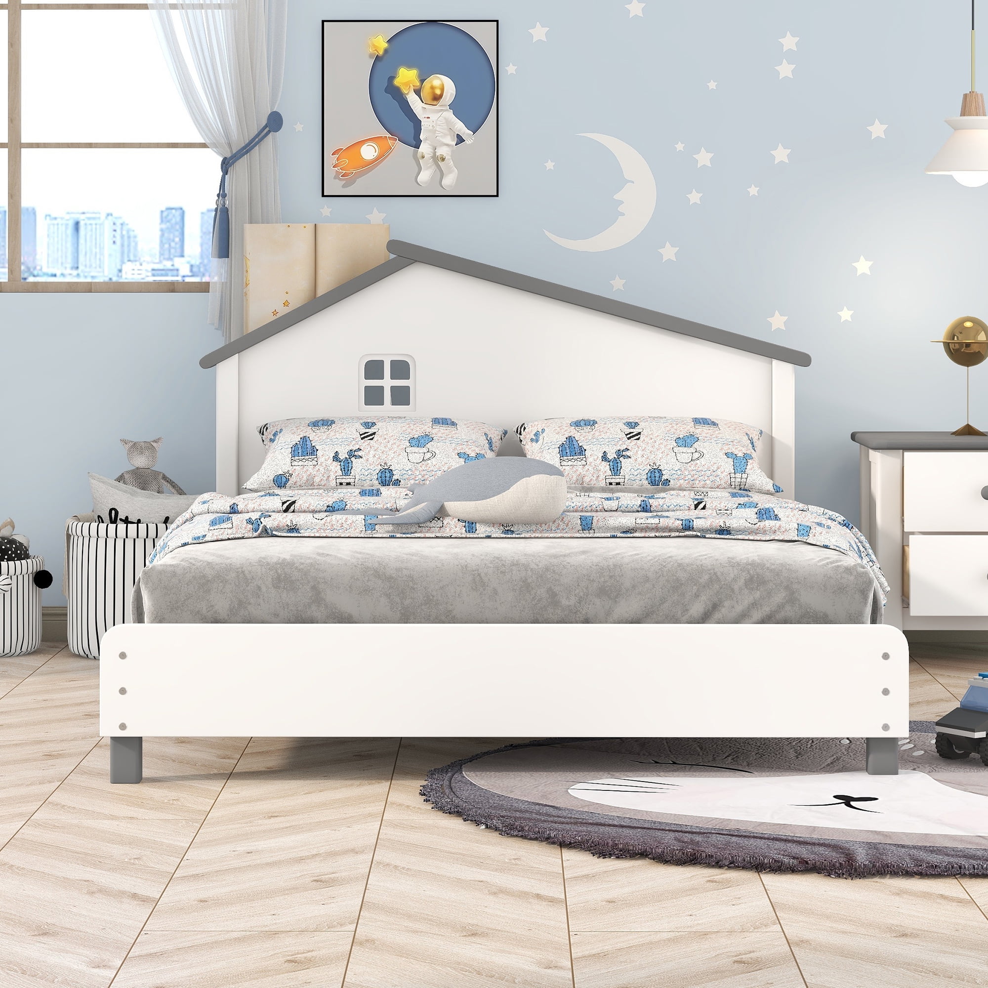 Full Size Bed Frame with House-Shaped Headboard for Boys Girls Toddler ...