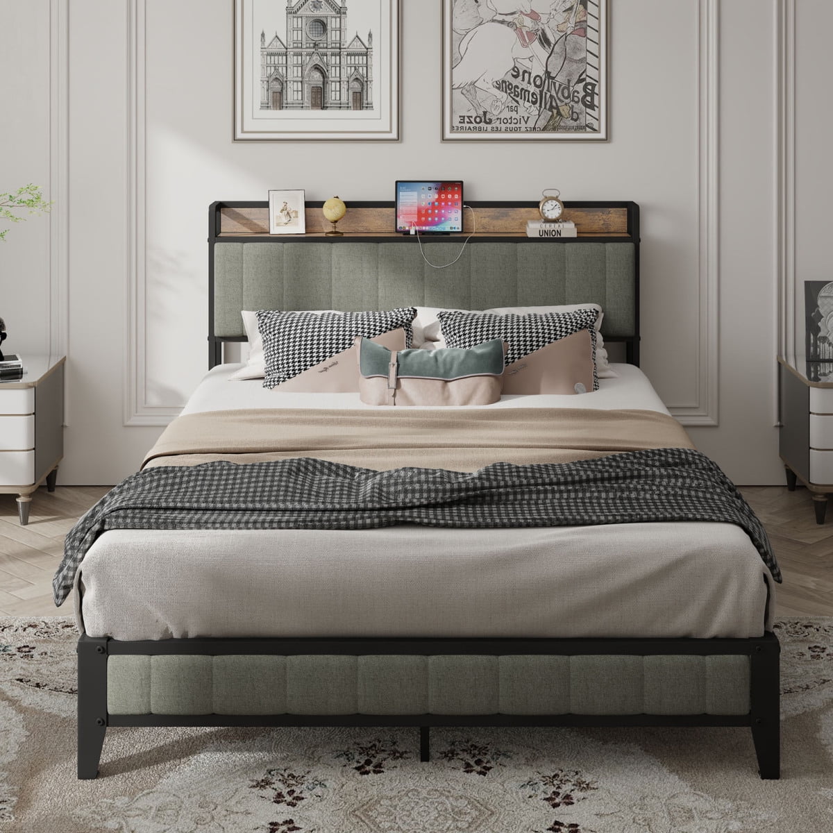 Full Size Bed Frame with LED, 4 Under-bed Portable Storage Drawers ...