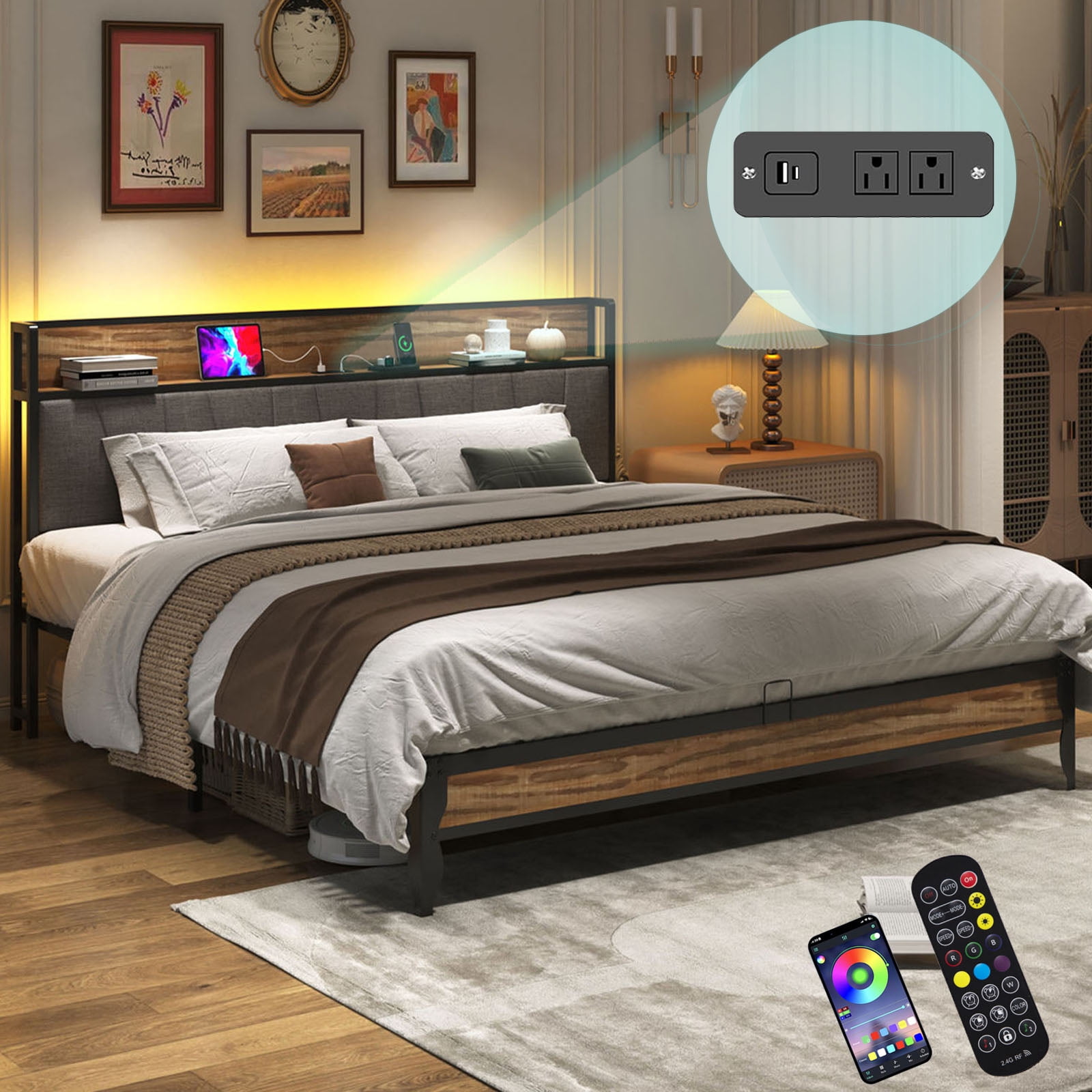 Queen Size Bed Frame with LED Light & Linen Upholstered Headboard ...