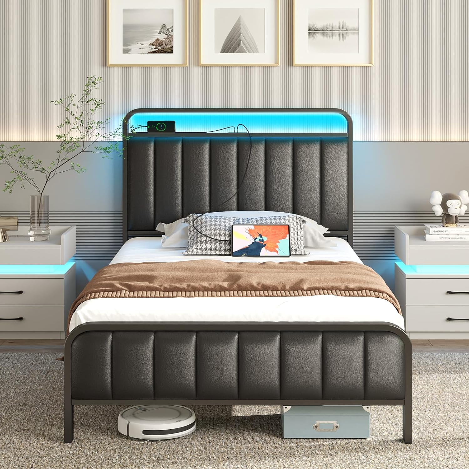 Full Size Bed Frame with LED Light and Charging Station, Upholstered ...