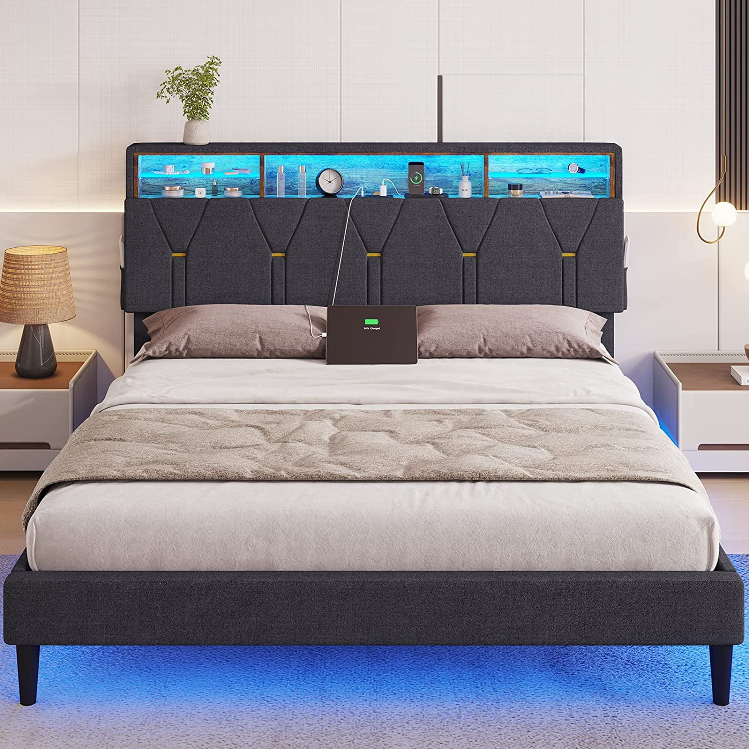 Full Size Bed Frame with LED Lights, Platform Bed Frame with ...