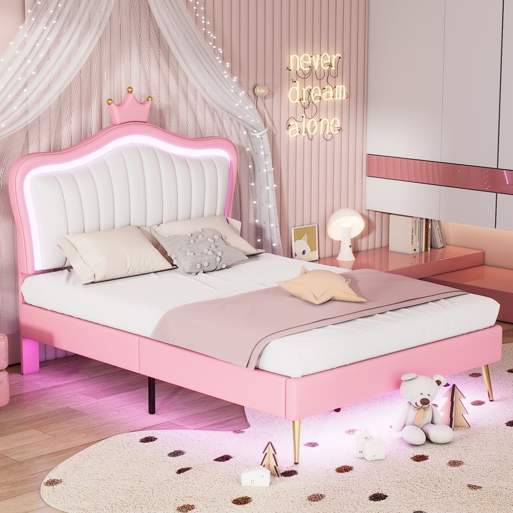 THOWDEE Princess Bed Full Size Bed Frame with LED Lights, Pink ...
