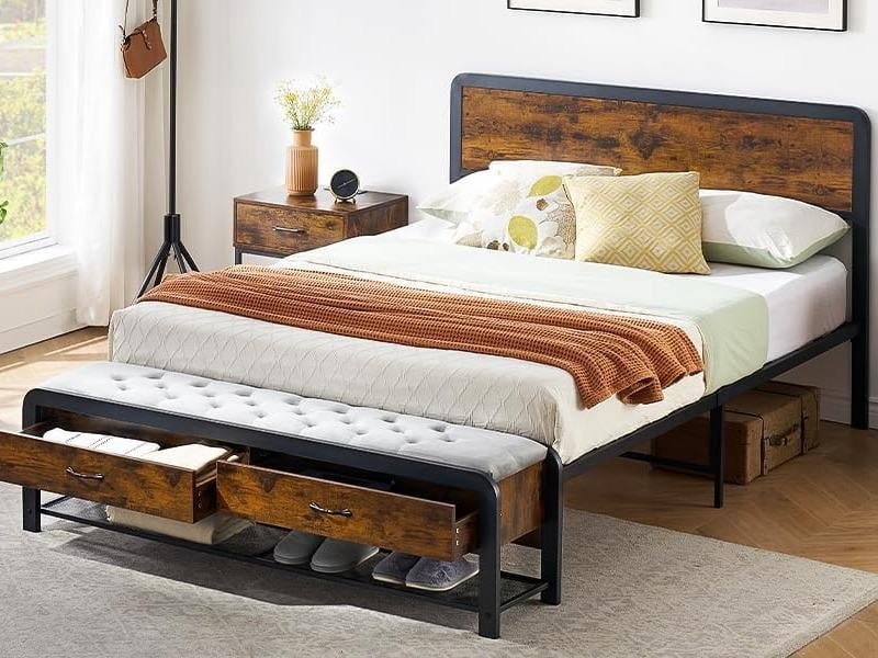 Full Size Bed Frame with Ottoman Bench, Wood Headboard, Sturdy Metal ...