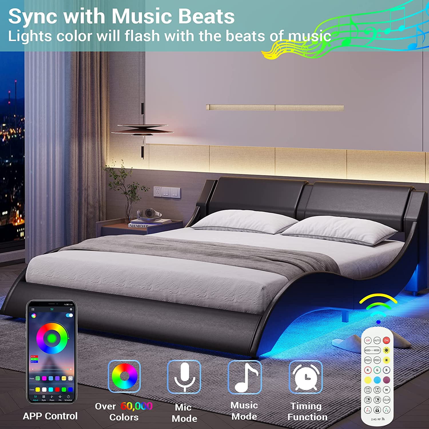 Full Size Bed Frame with RGB LED Lights & Headboard, Wave Like ...