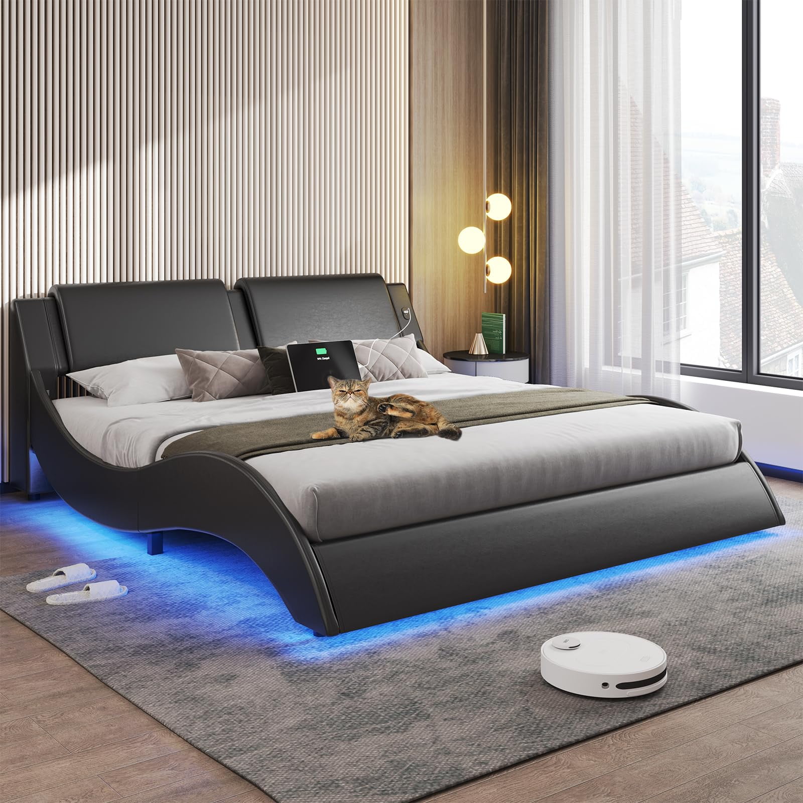 Full Size Bed Frame with RGB LED Lights & Headboard, Wave Like ...