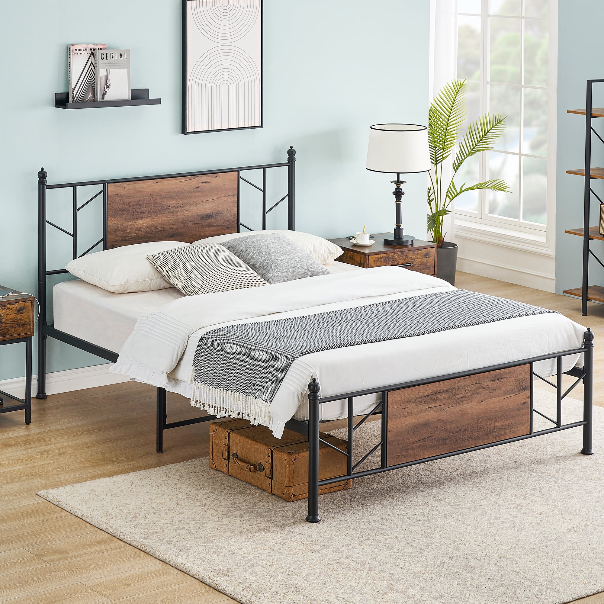 Full Size Bed Frame with Rustic Vintage Wood Headboard and Footboard ...