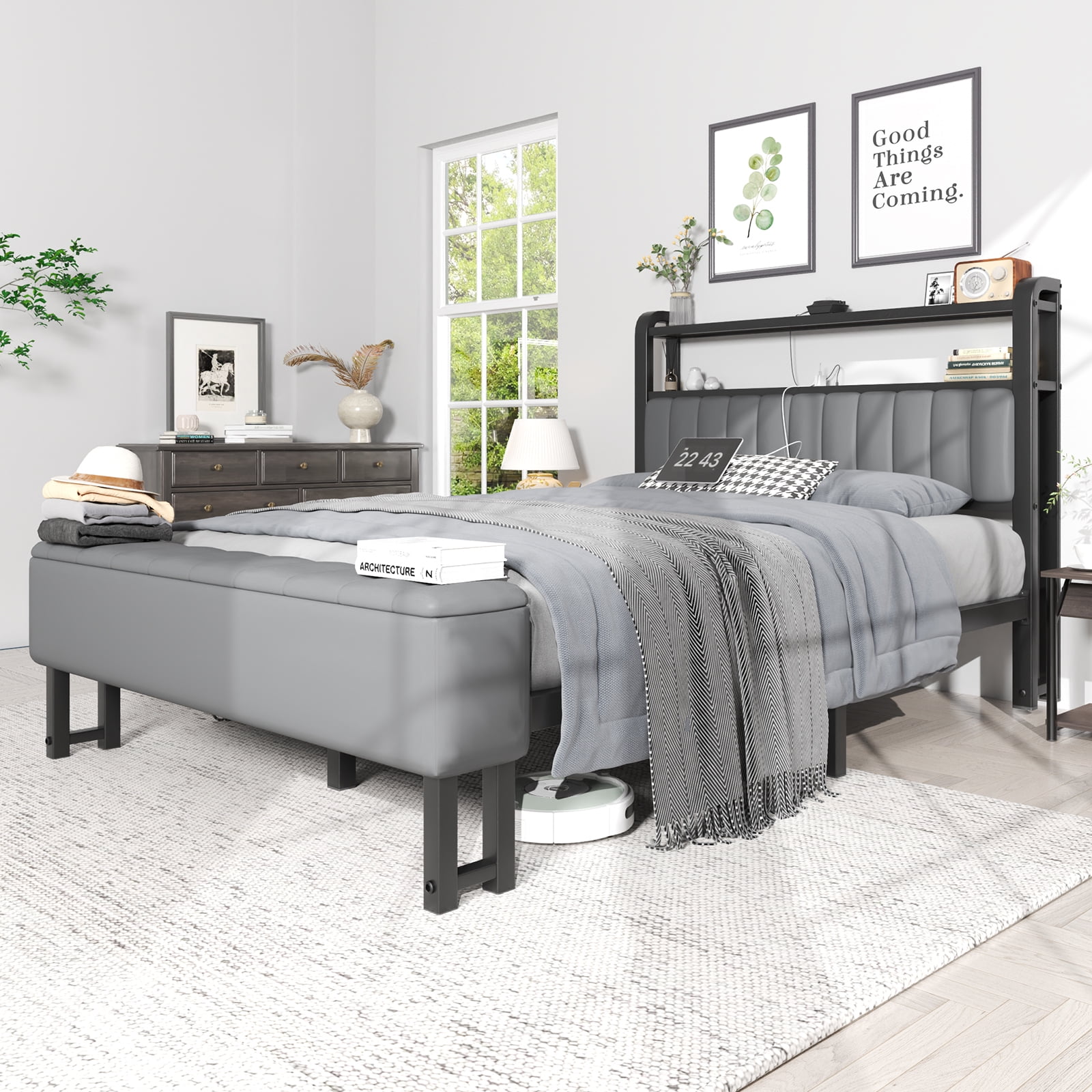 Full Size Bed Frame with Starry Sky Lights and Charging Station ...