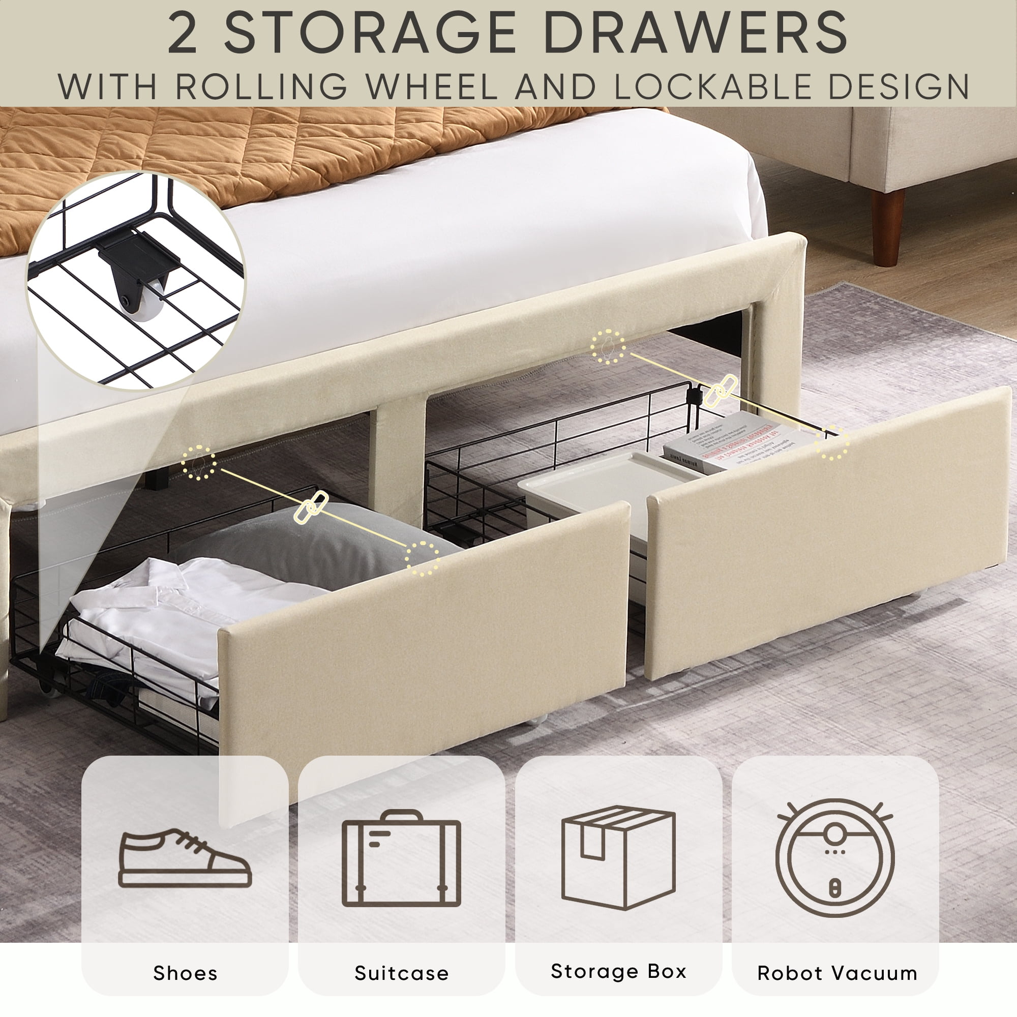Full Size Bed Frame with Storage Drawers and USB Charging Ports ...