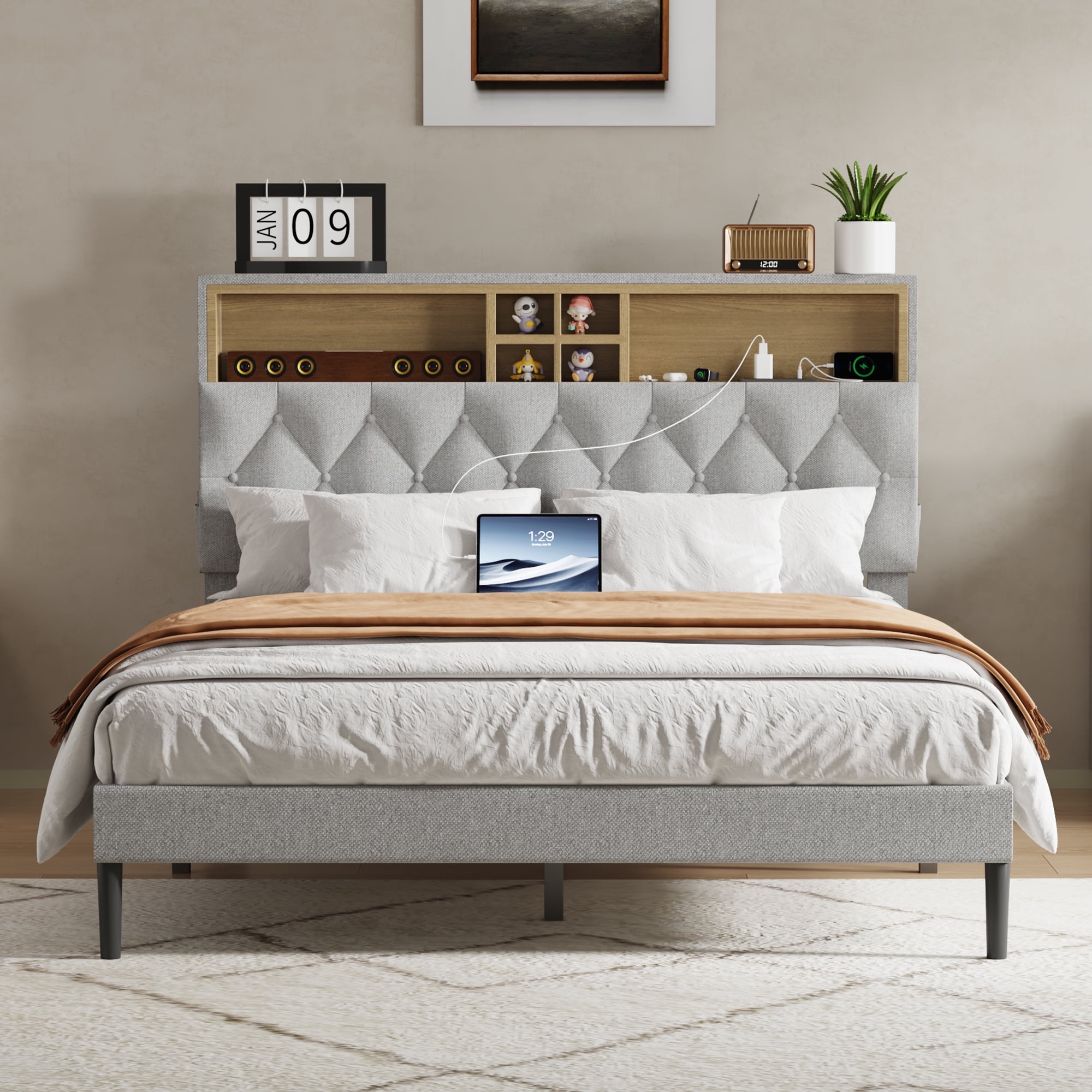 Full Size Bed Frame with Storage Headboard & Charging Station,Metal Platform Full Bed Frame for ...