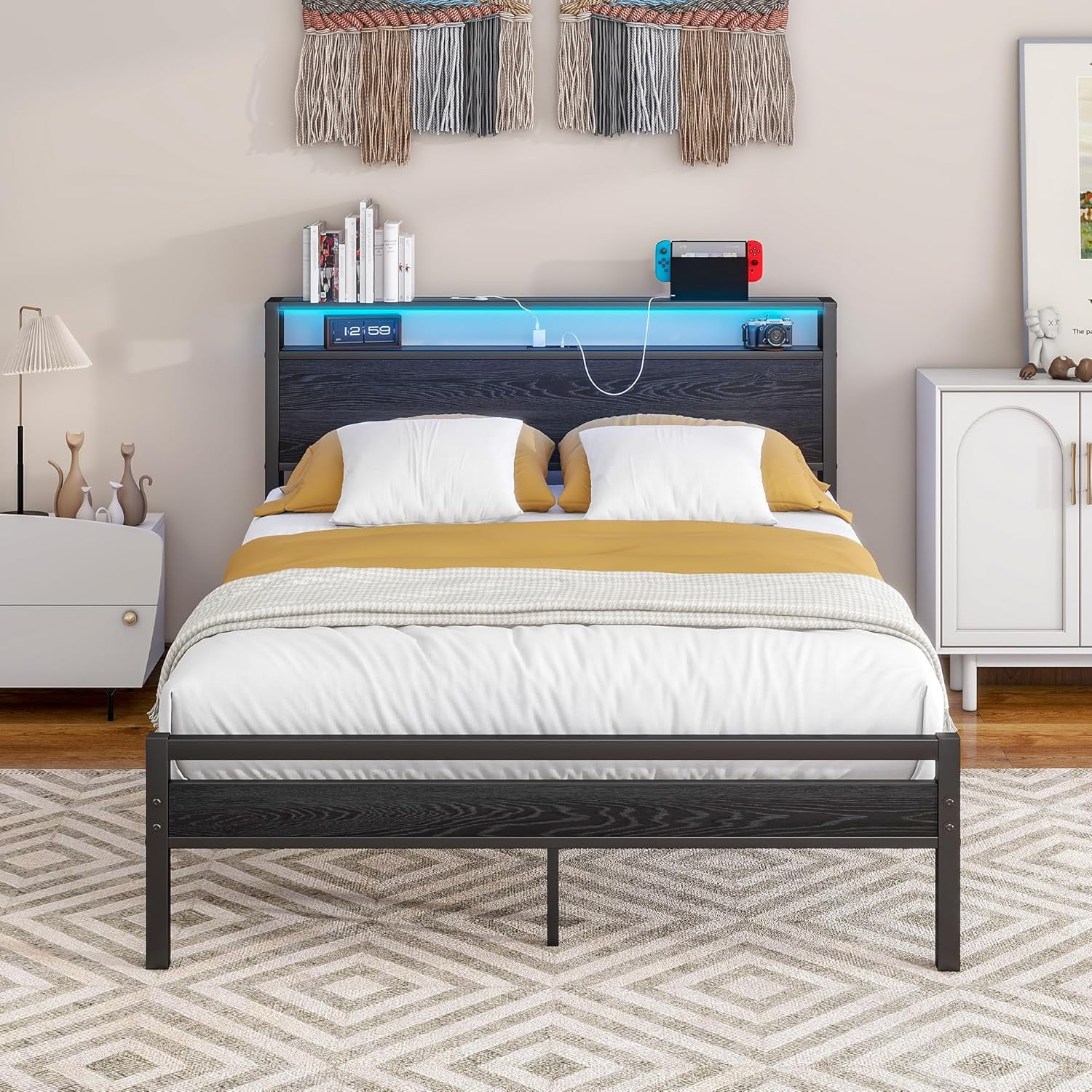 Full Size Bed Frame with Storage Headboard/ Lights, Platform Bed Frame ...