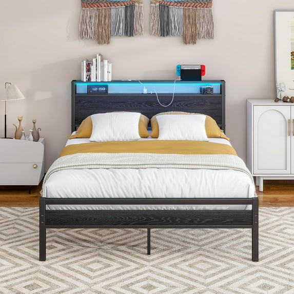 Full Size Bed Frame with Storage Headboard/ Lights, Platform Bed Frame ...