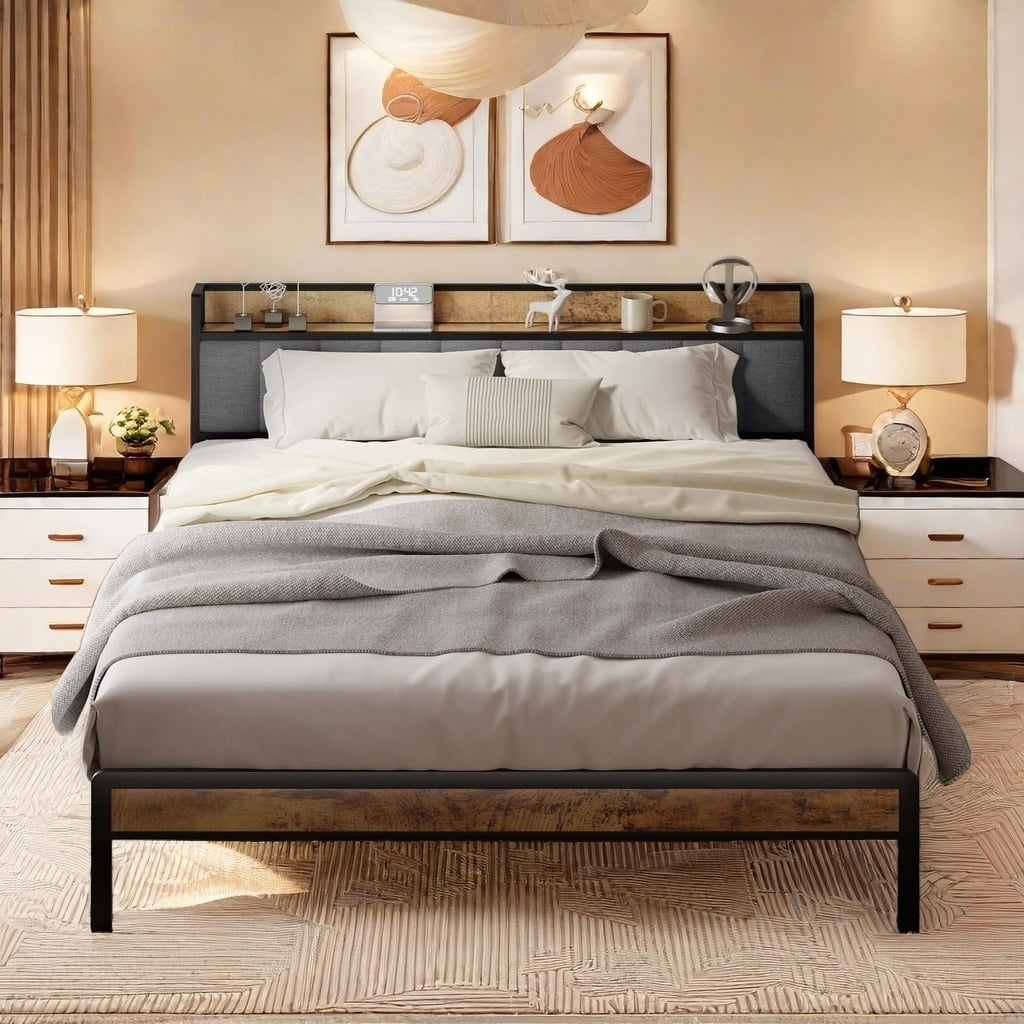 Full Size Bed Frame with Storage Headboard, Metal Bed Frame Hold 1000 ...