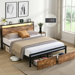 Full Size Bed Frame with Storage Headboard and 2 Drawers Wood Metal Platform Bed with LED Lights Bed and Charging Station Mattress Foundation Strong