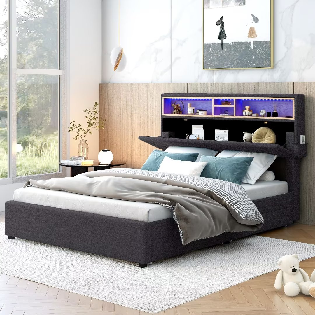 Full Size Bed Frame with Storage, LED & USB, No Box Spring, Dark Grey ...