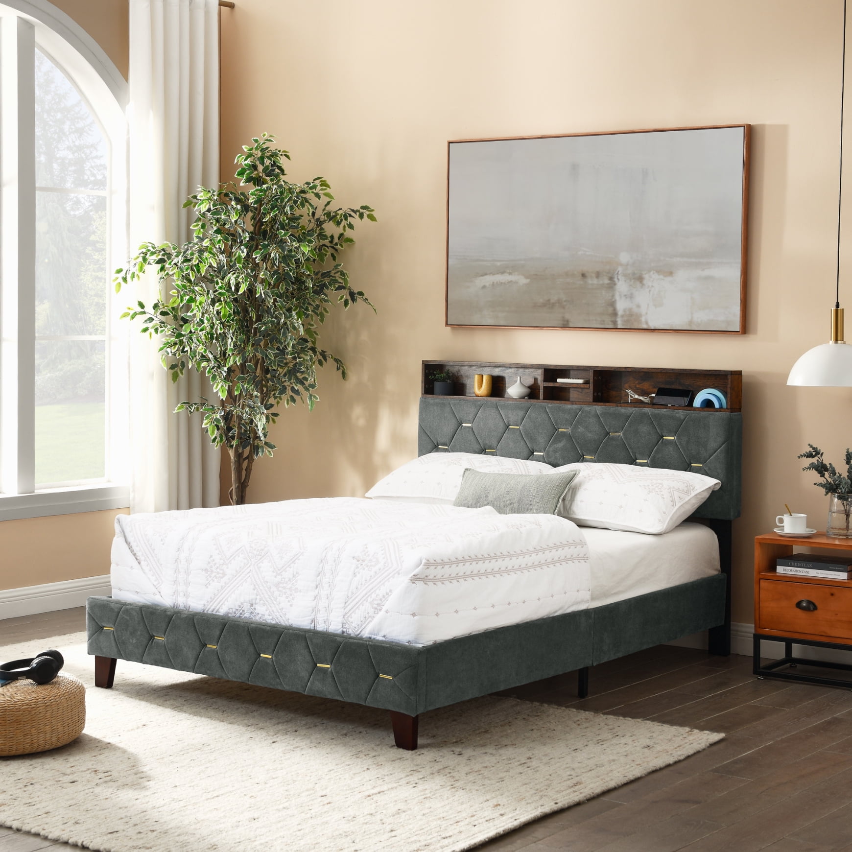 Full Size Bed Frame with Storage Shelf Headboard,Upholstered Platform ...