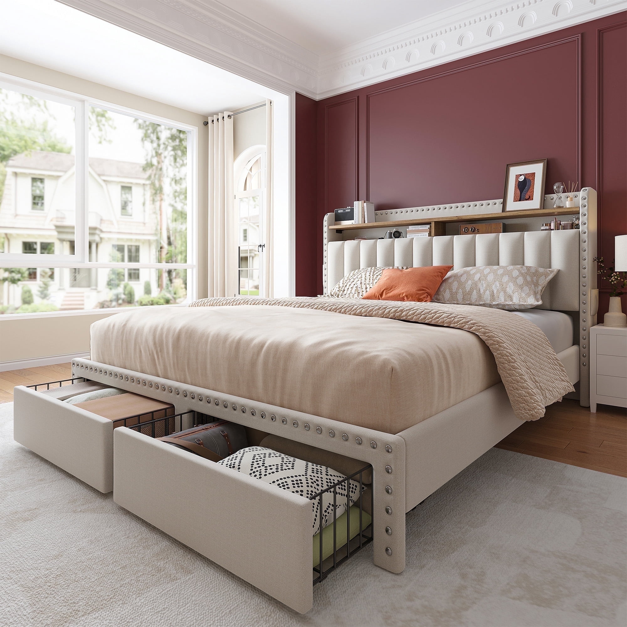 Full Size Bed Frame with Storage Upholstered Bed Frame with 2 Drawers ...
