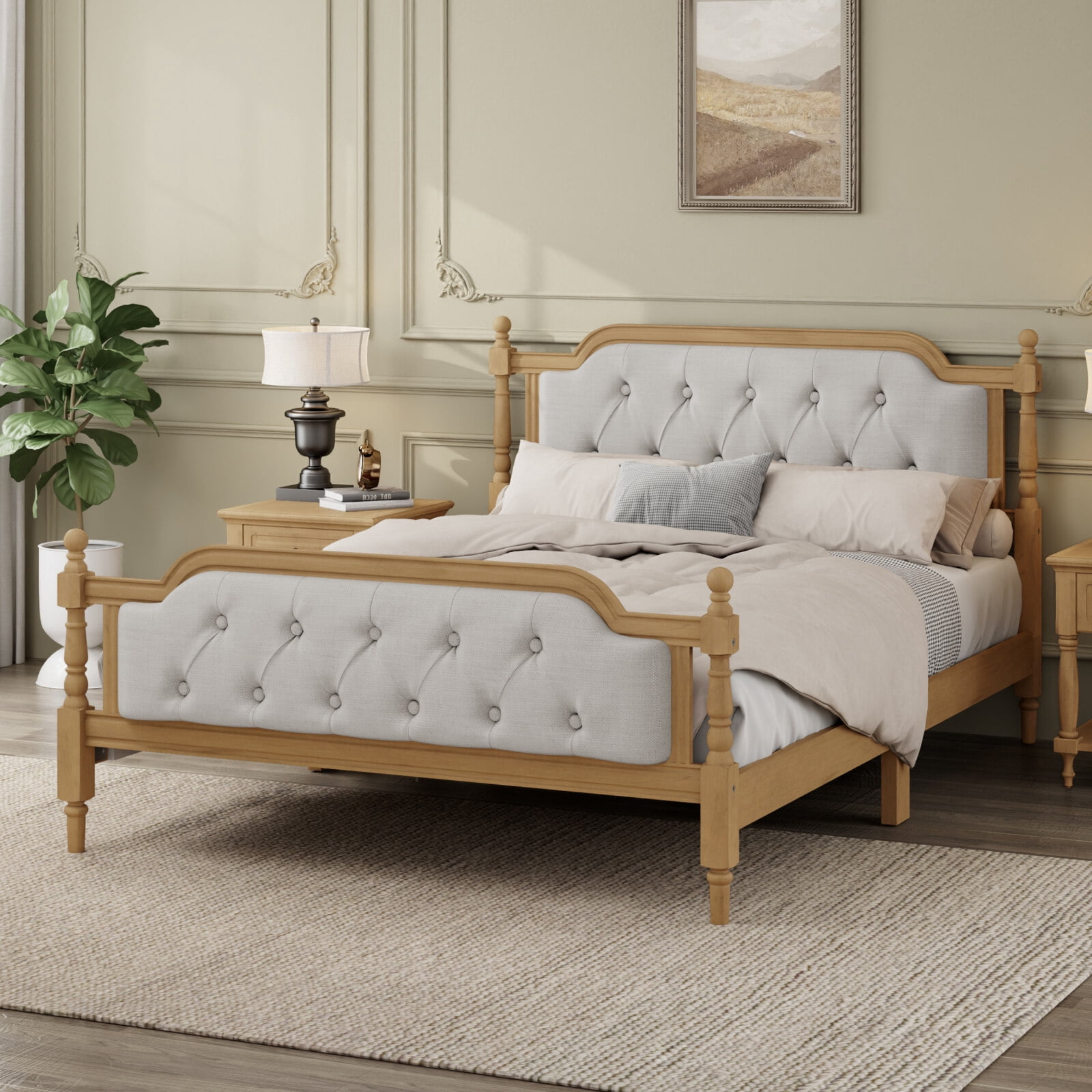 Full Size Bed Frame with Tufted Linen Headboard, Solid Wood Platform ...