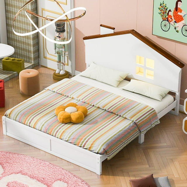 Full Size Bed with House-Shaped Headboard, Wood Platform Bed with Built ...