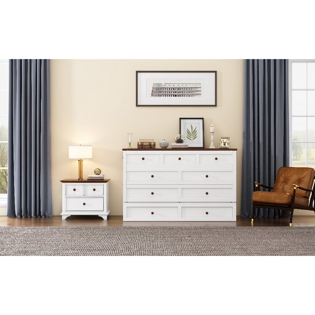 Full Size Bed, Overflow Storage & Charging, White + Walnut Bed Chest ...