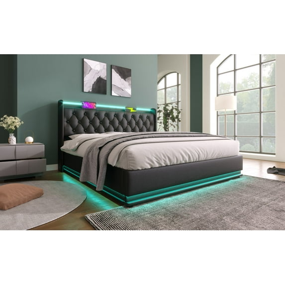Full Size Bed, Upholstered Storage Bed with Charging and 360 Surround ...