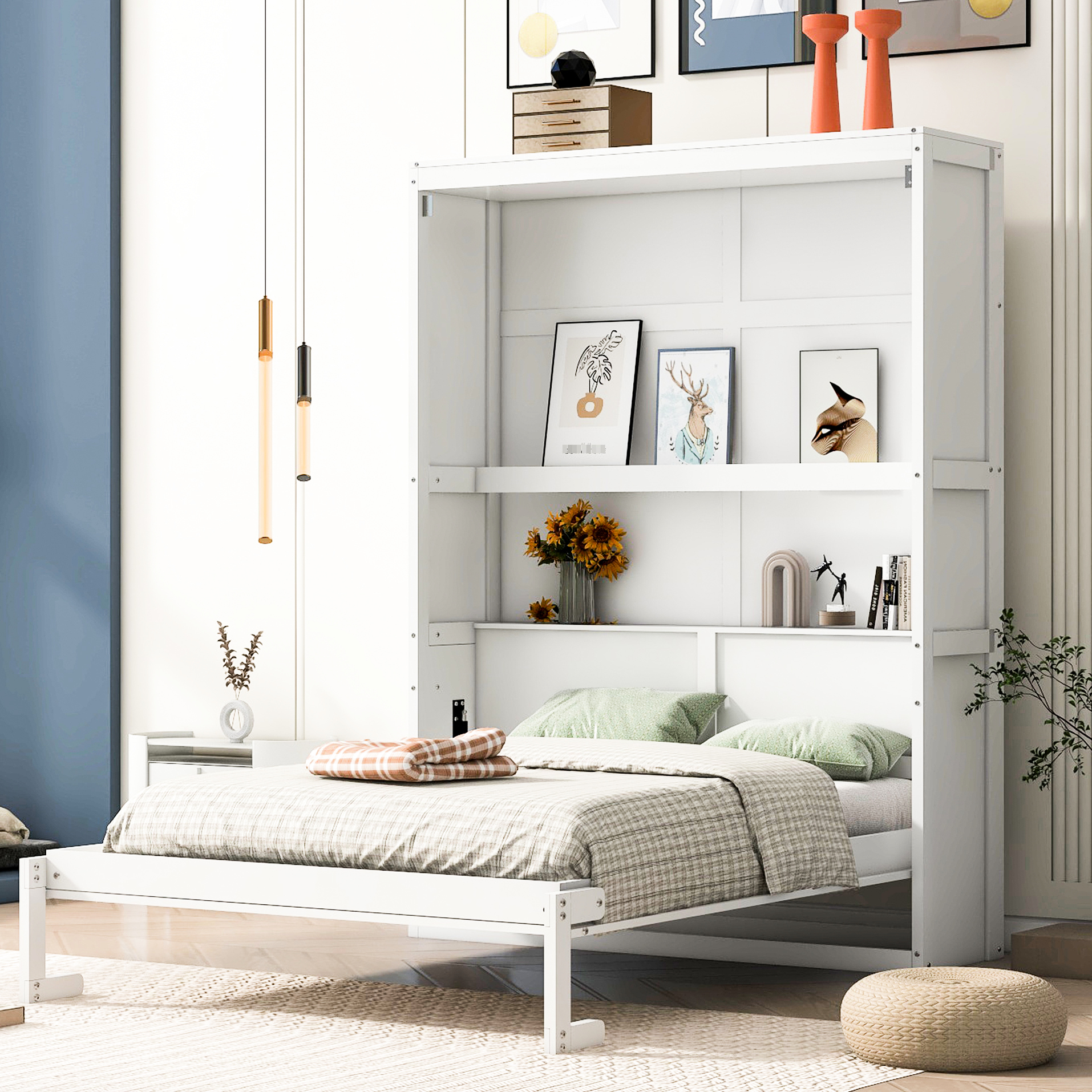 Full Size Bed In White With Shelf Storage - Space Solution For Home Gym ...