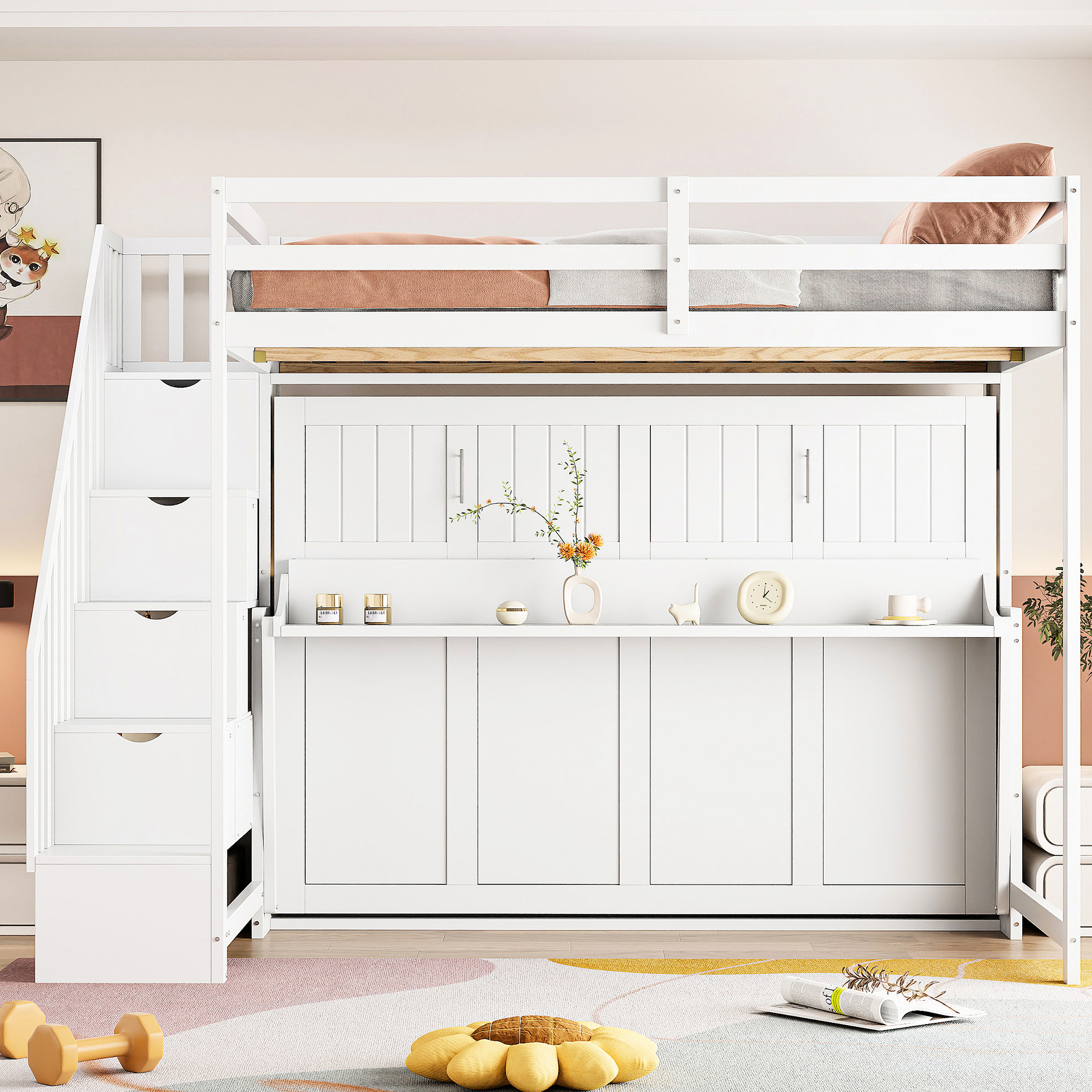 Full Size Bed With Desk & Hydraulic Efficiency Concept, White ...