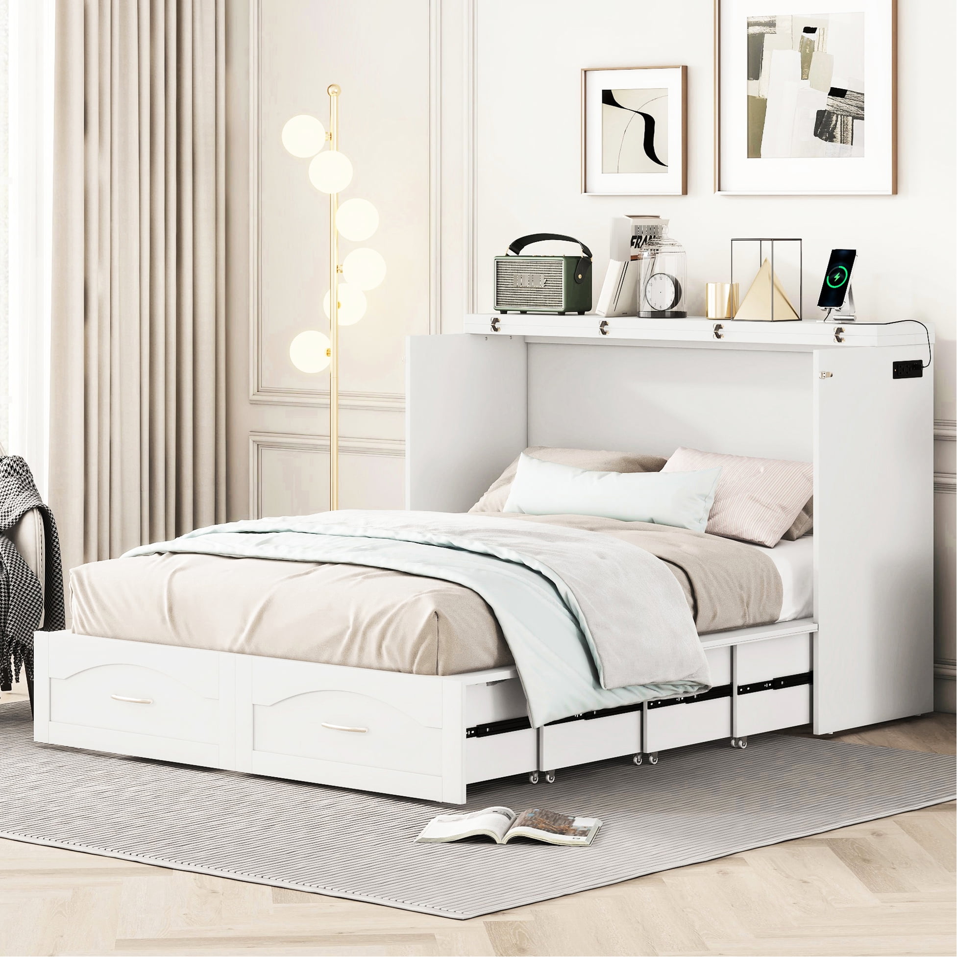 Full Size Bed With Drawer, Sockets & Ports, Pulley Structure - White ...