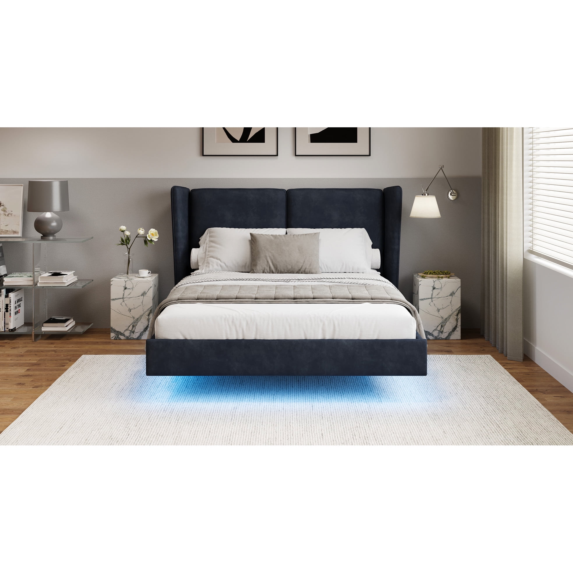 Full Size Bed With Floating Construction And Customizable Velvet, Led ...