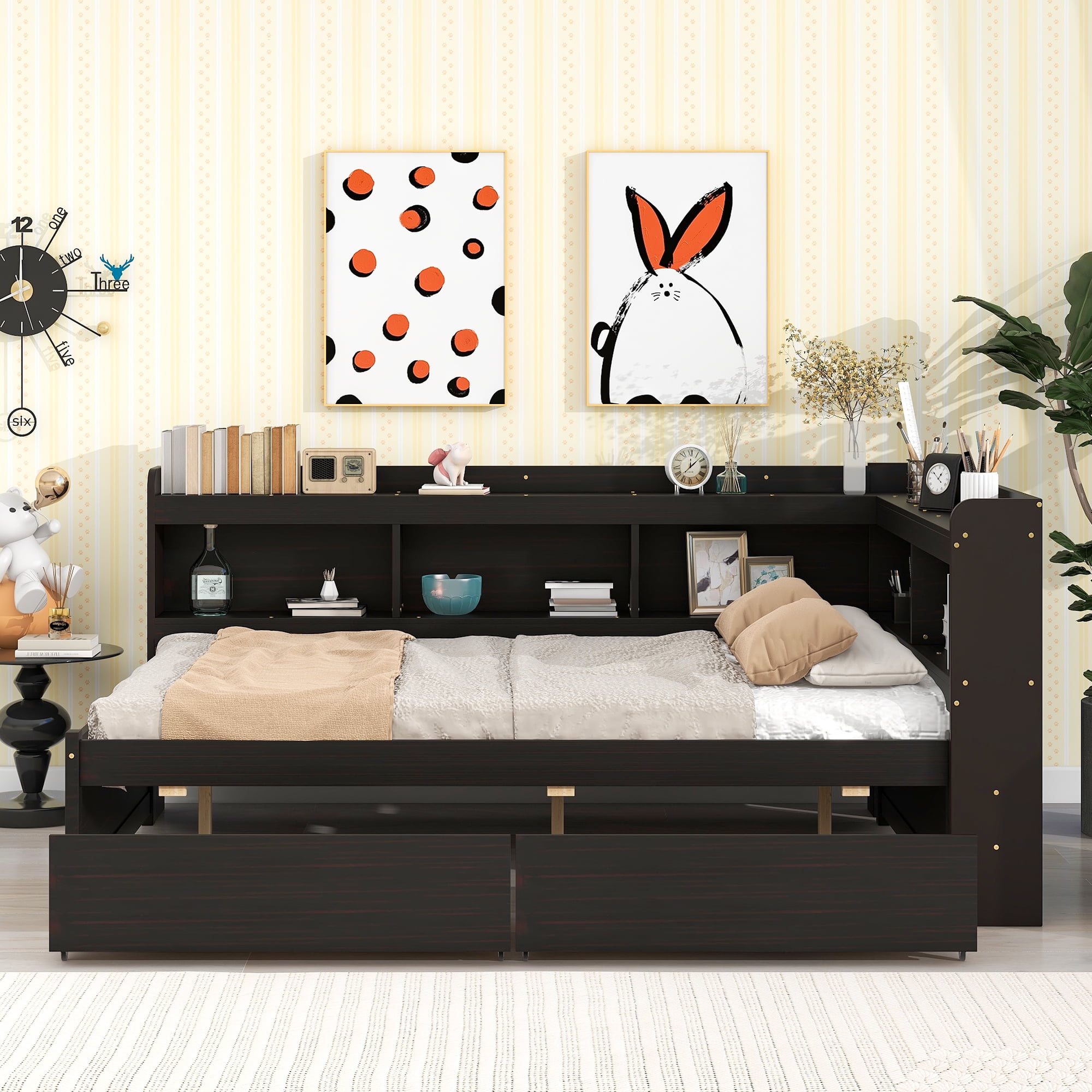 Full Size Bed With L-shaped Bookcases, Pine Wood Platform Full Bed ...