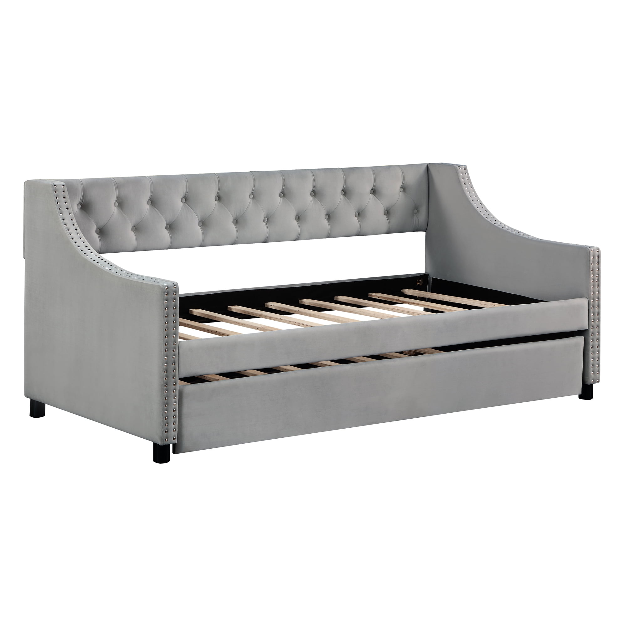 Full Size Bed With Trundle, Gray Upholstered Daybed, Solid Wood Button ...