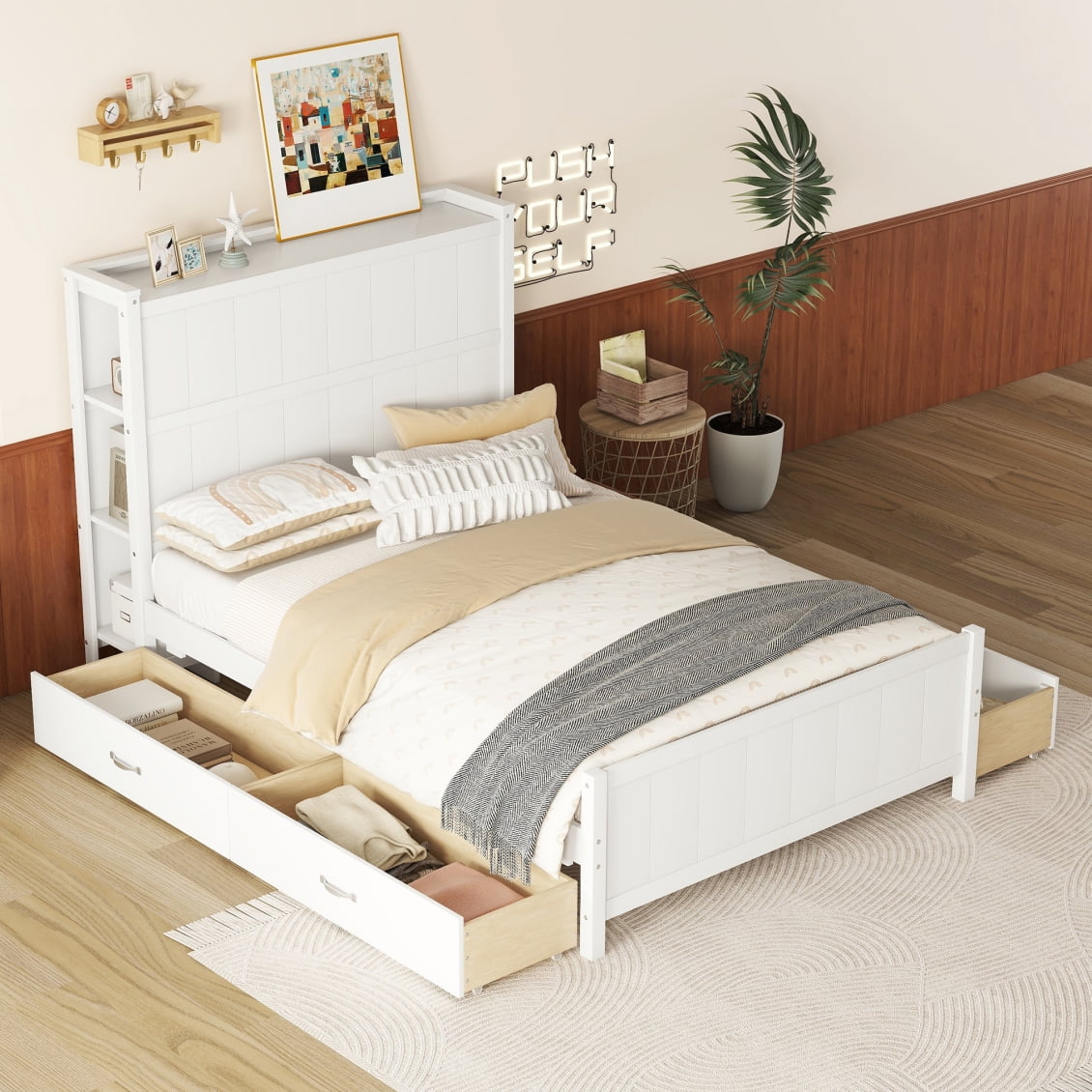 Full Size Bed with Headboard with Storage Space, Platform Bed with 4 ...