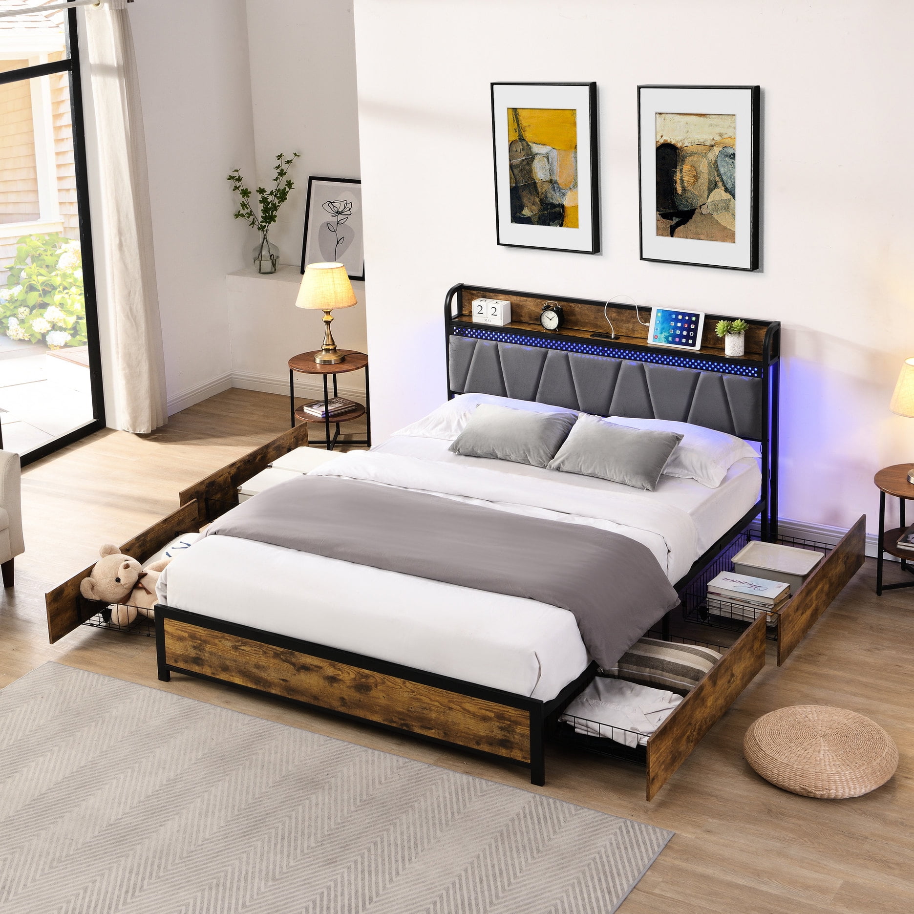Full Size Bed with LED Headboard, Charging Outlets and Storage Drawers ...