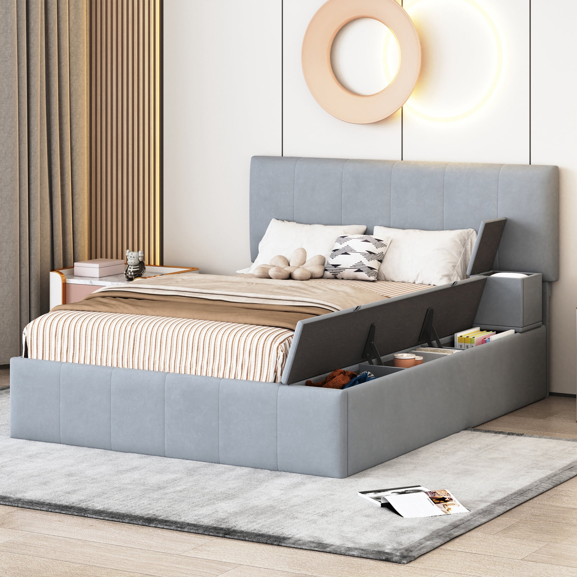 Full Size Bed with Lateral Storage Compartments, Upholstered Platform ...