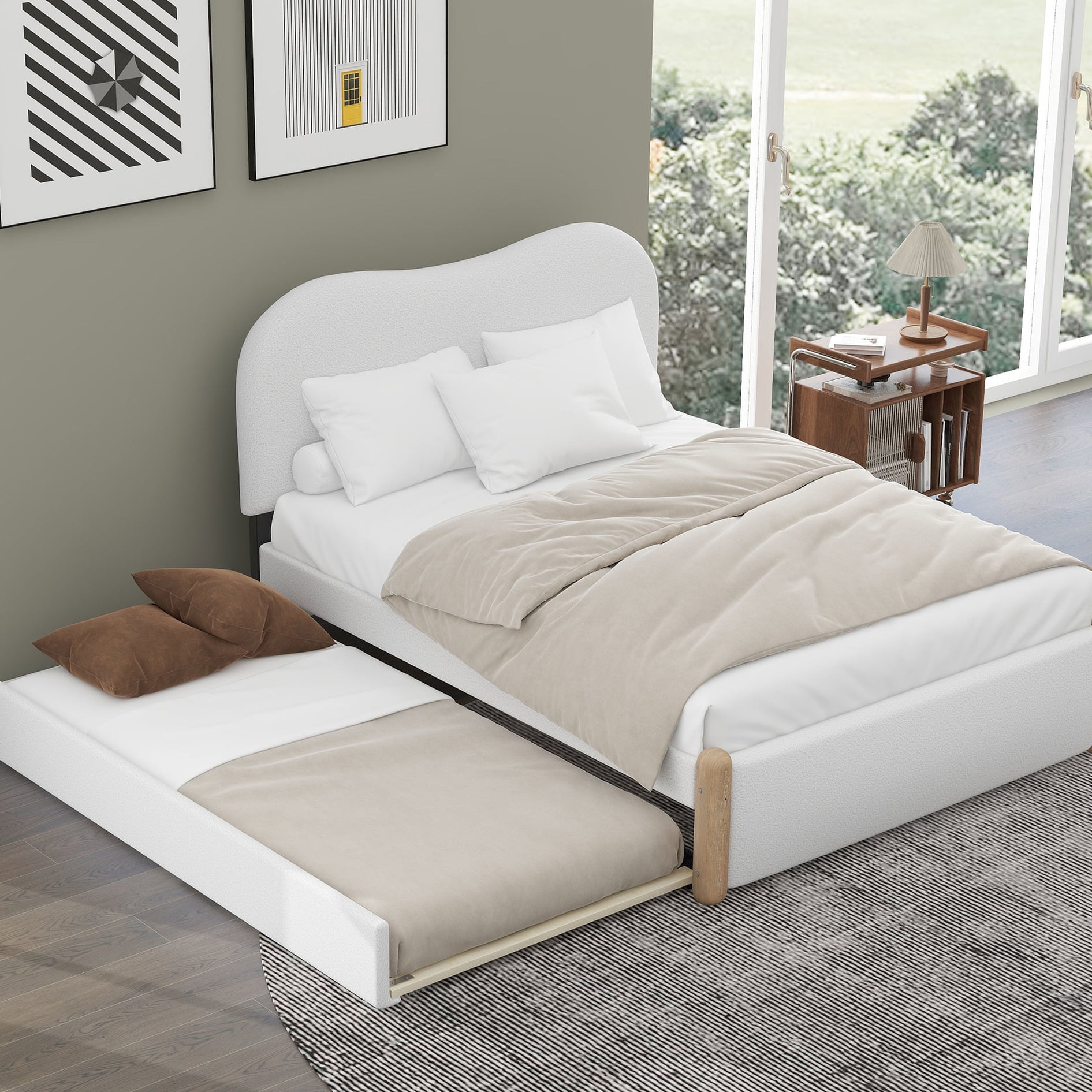 Full Size Bed with Trundle and Wood Slats Support - Stable Bedroom ...