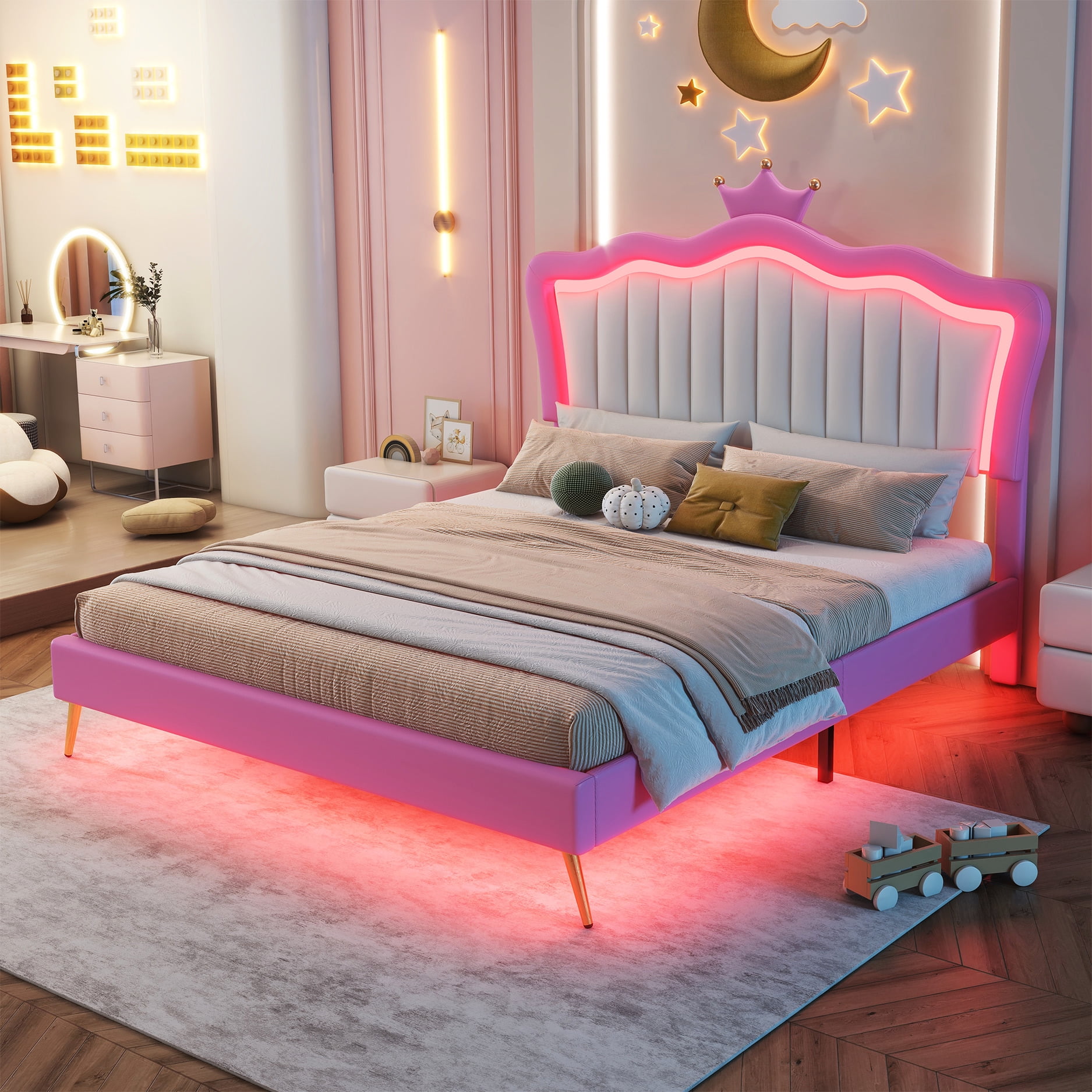 Full Size Bedroom Bed Frame With Led Lights & Crown Headboard, Pink+white, And Silent, 500 Lbs ...