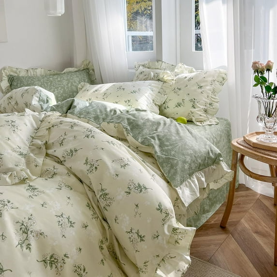 Full Size Beige & Green Floral Comforter Set - 3 Piece Ruffled Lace ...
