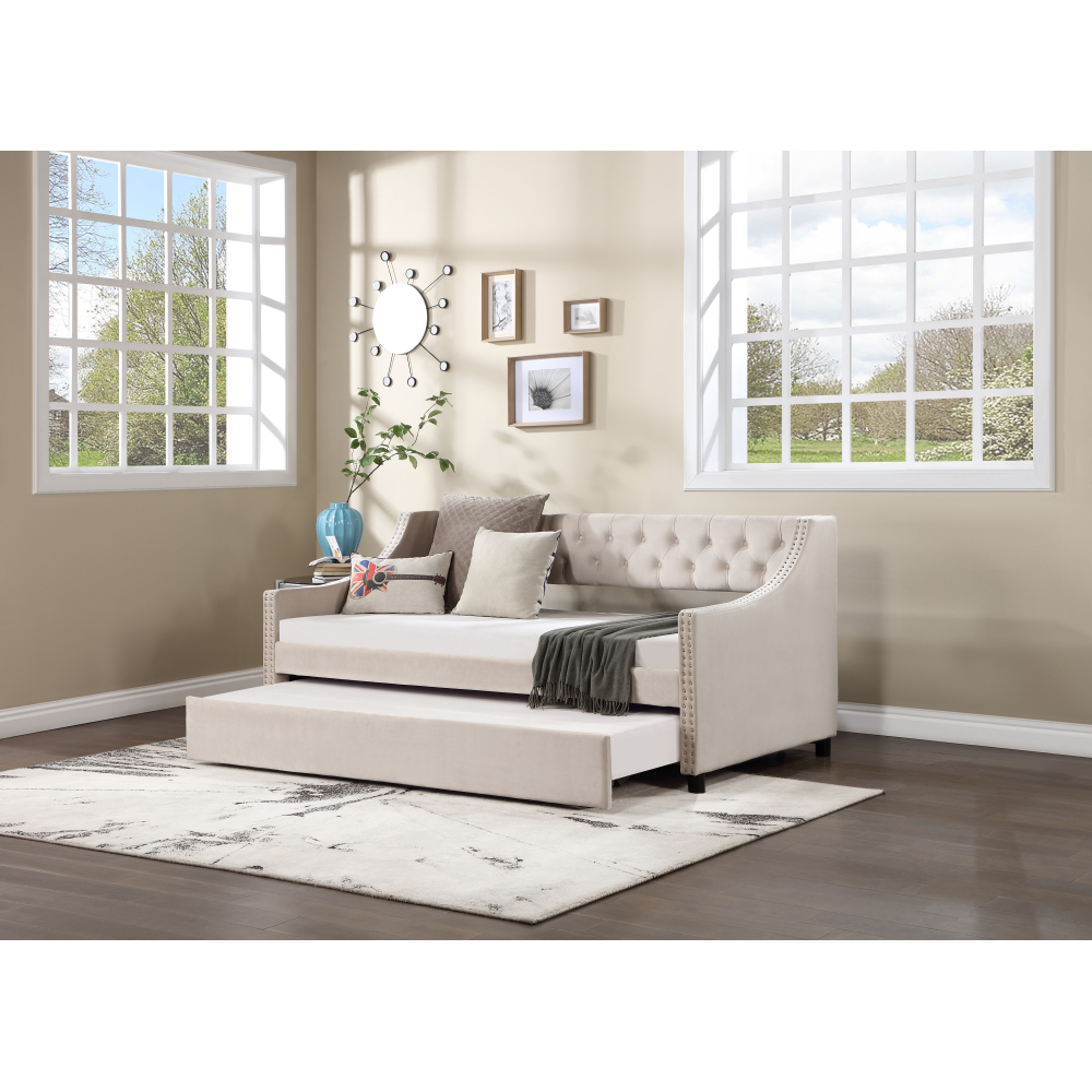 Full-Size Beige Tufted Upholstered Daybed with Trundle - Button ...