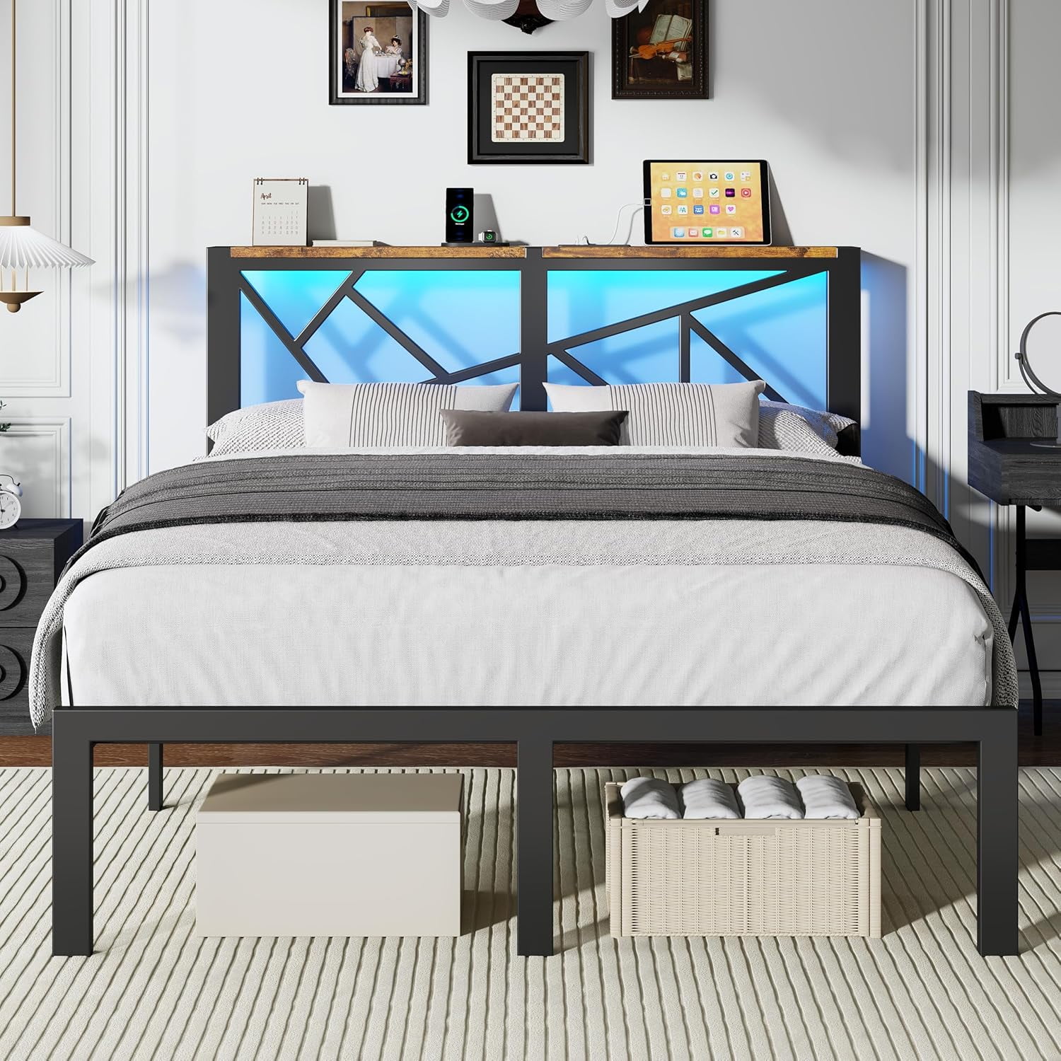 Full Size Black Metal Bed Frame with USB Charging Station, LED Ambient ...