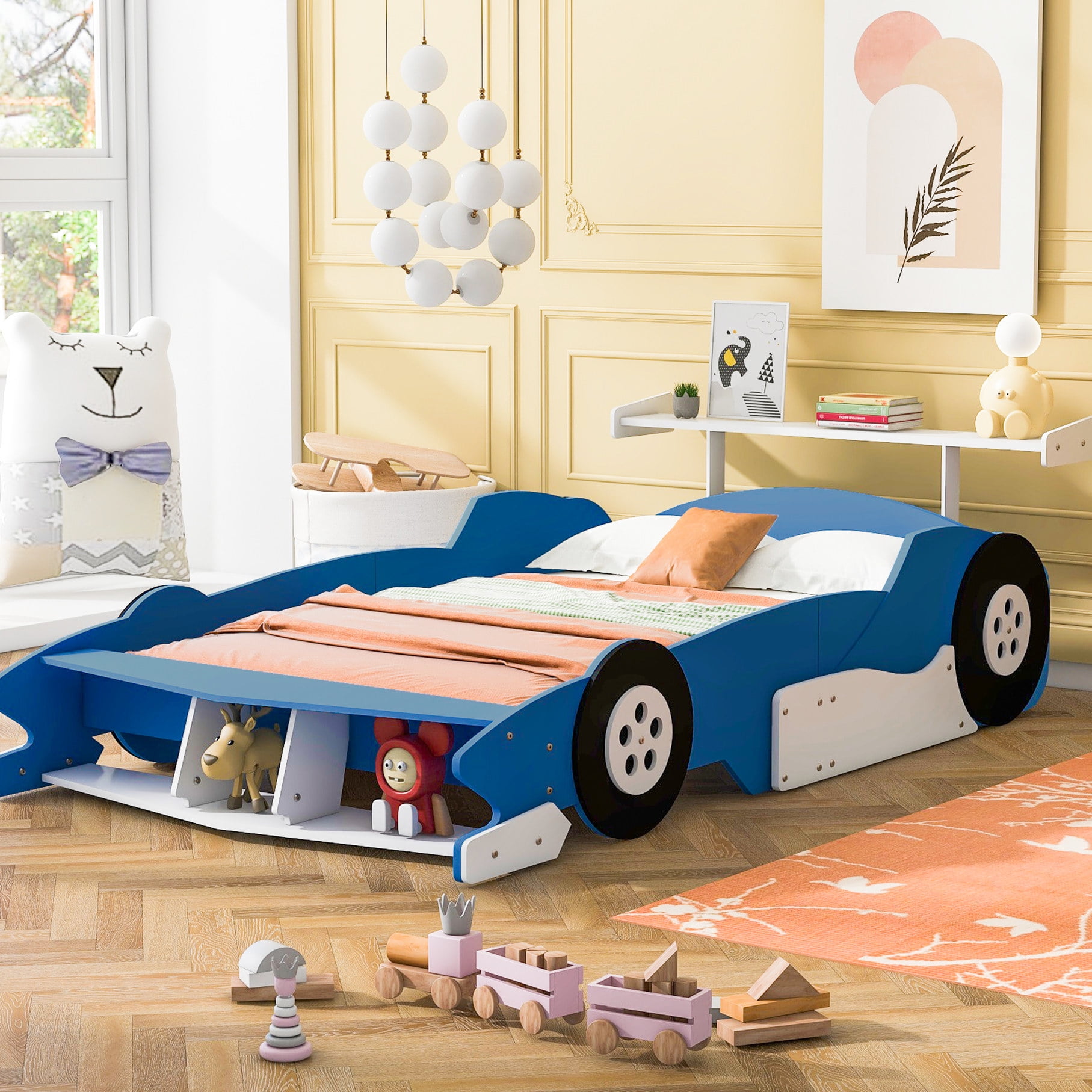 Full Size Blue Race Car Platform Bed, Maximum Safety - Walmart.com