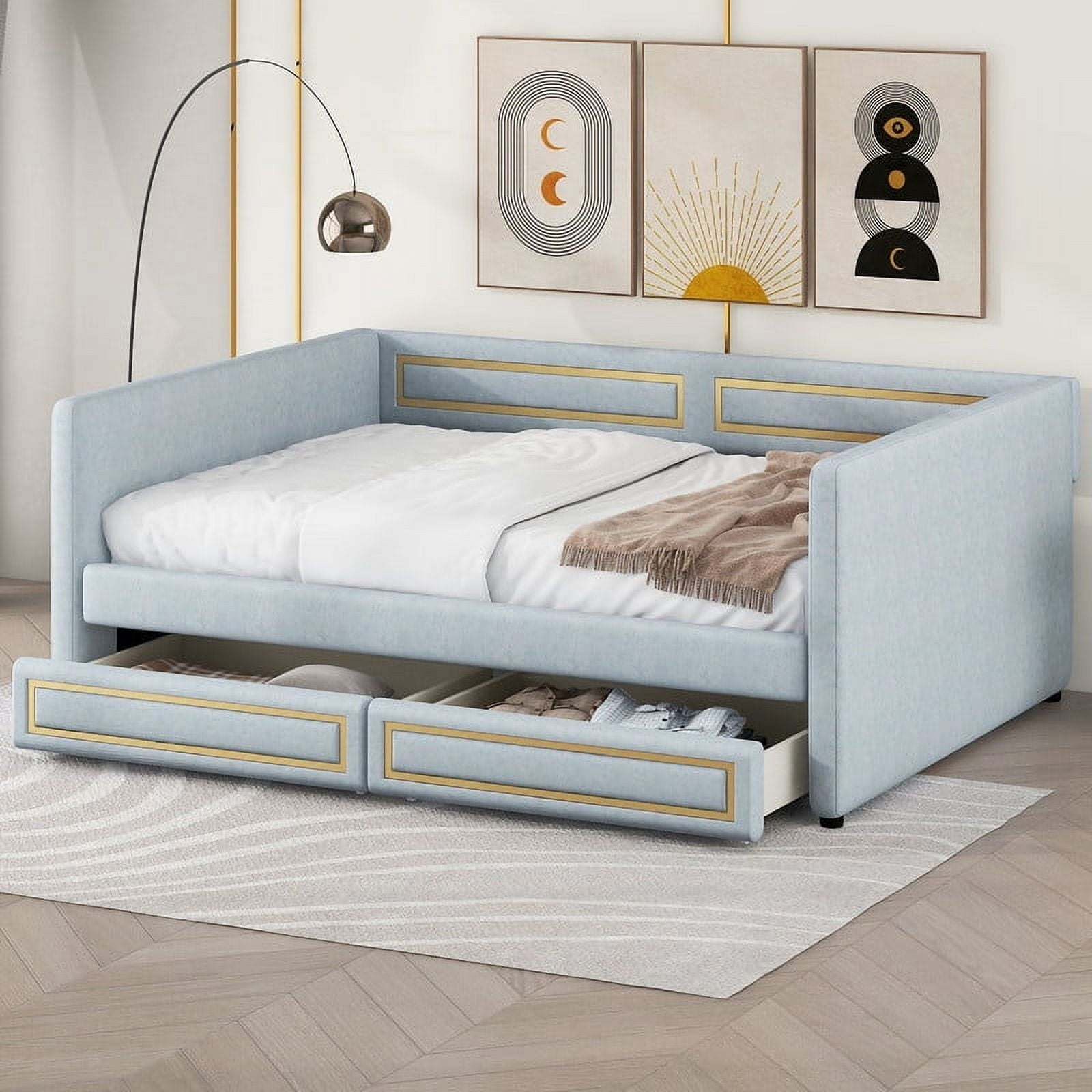 Full Size Blue Upholstered Daybed with Two Storage Drawers, Elegant ...