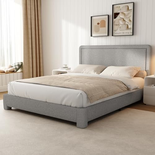 Full Size Boucle Bed Frame, Upholstered Cloud Bed Frame with Adjustable ...