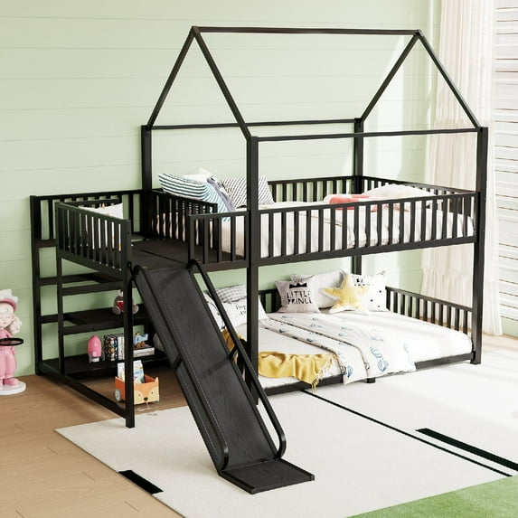 Full Size Bunk Bed Frame with Storage Stairs and Slide, Metal House ...
