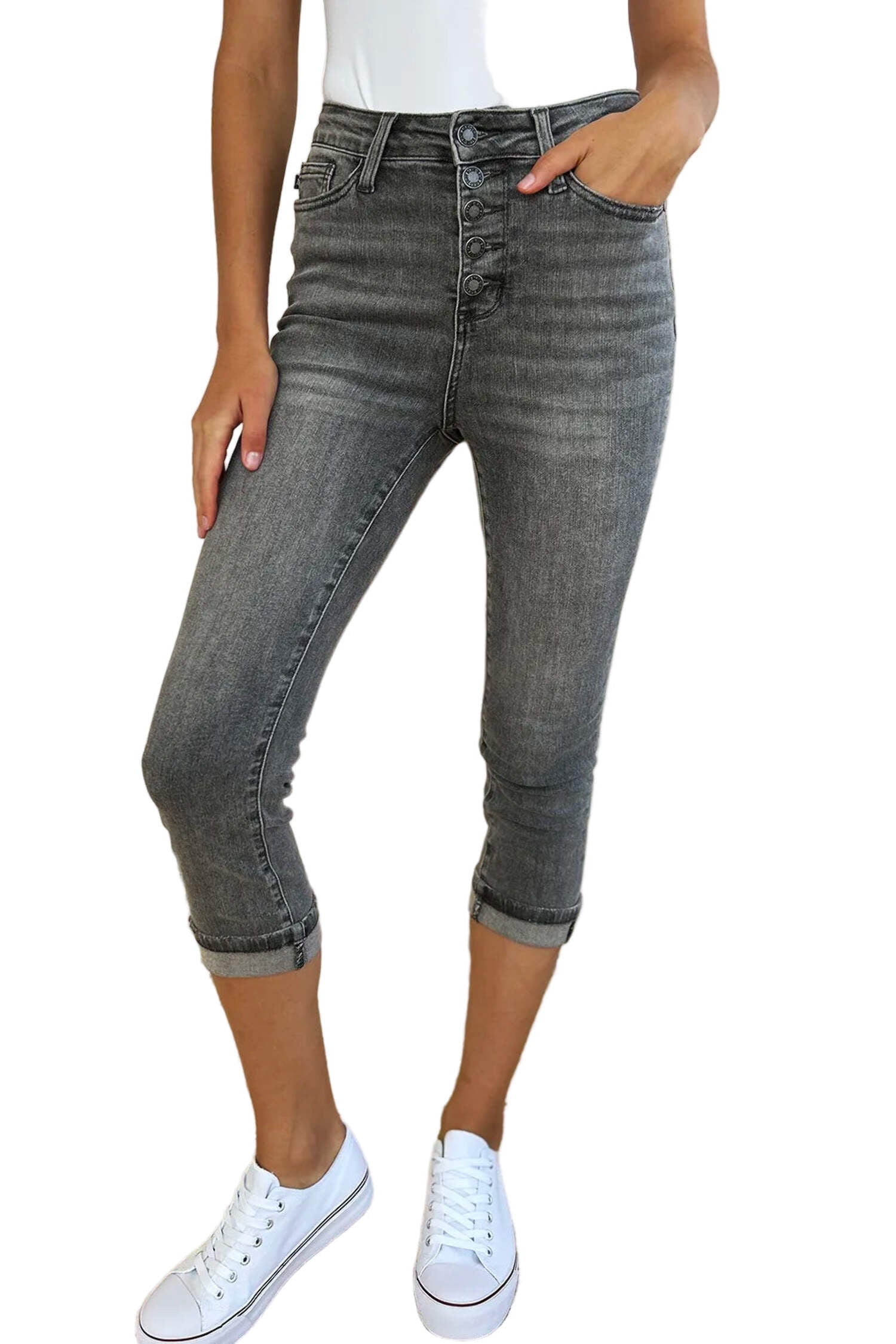 Full Size Button Fly High Waist Cuffed Capris - Walmart.com