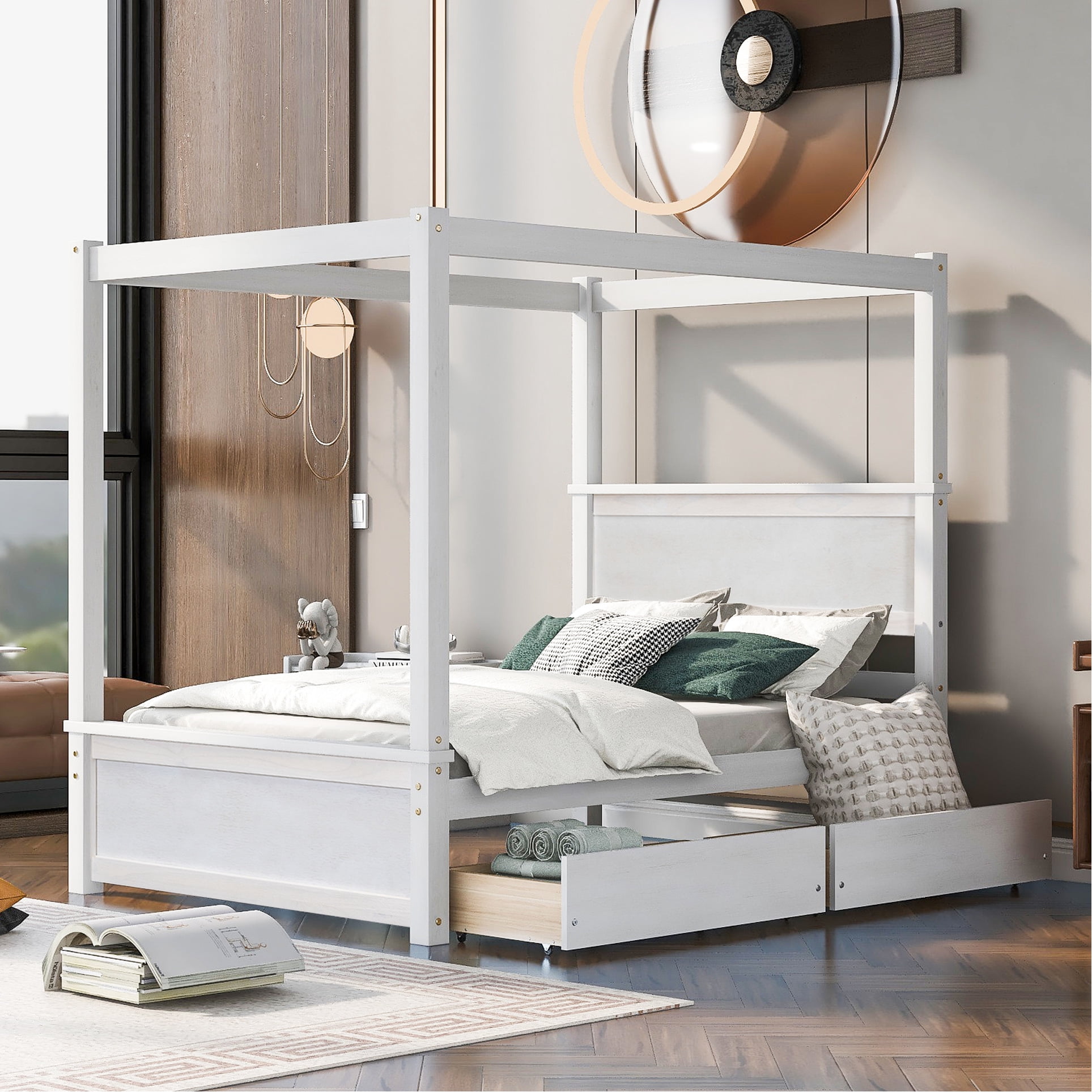 Full Size Canopy Bed, Brushed White, Materials, With 2 Drawers For A ...