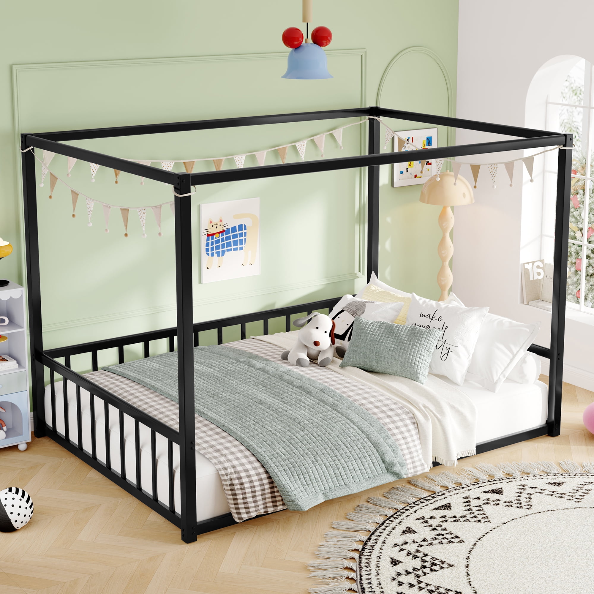 Full Size Canopy Bed Frame with 4 Posters and Guardrails,Twin Size ...