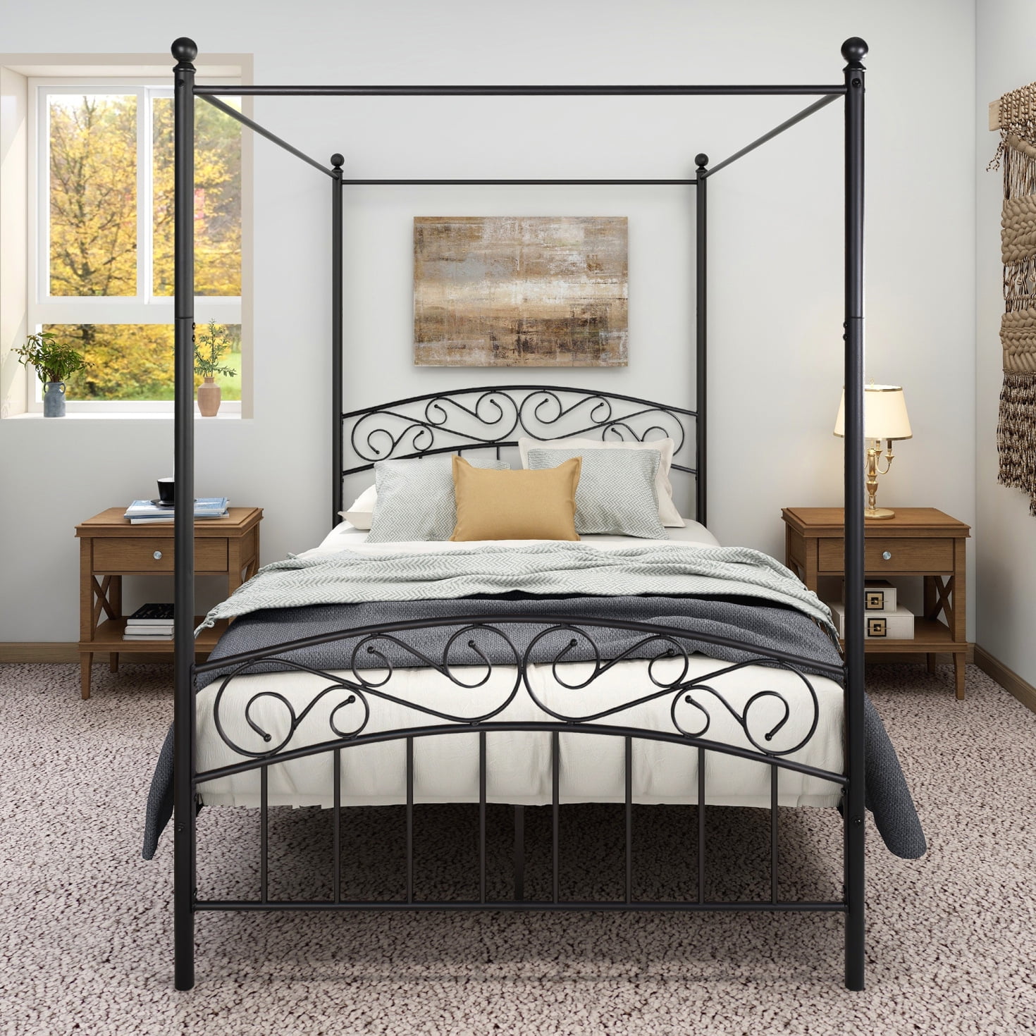 Full Size Canopy Bed Frame, Metal Four-Poster Platform Bed Frame with ...