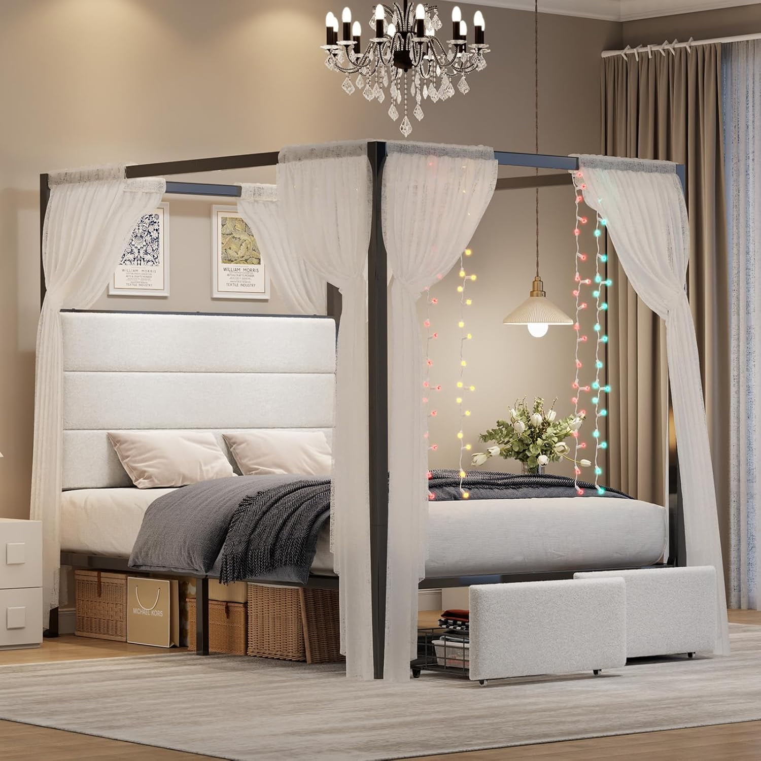 Full Size Canopy Bed Frame with Upholstered Panel Headboard, Lamb Wool ...